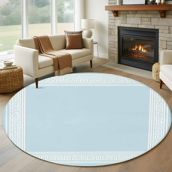 Aqua Geometric 7ft Round Rug, White Greek Key Design Abstract Modern ...