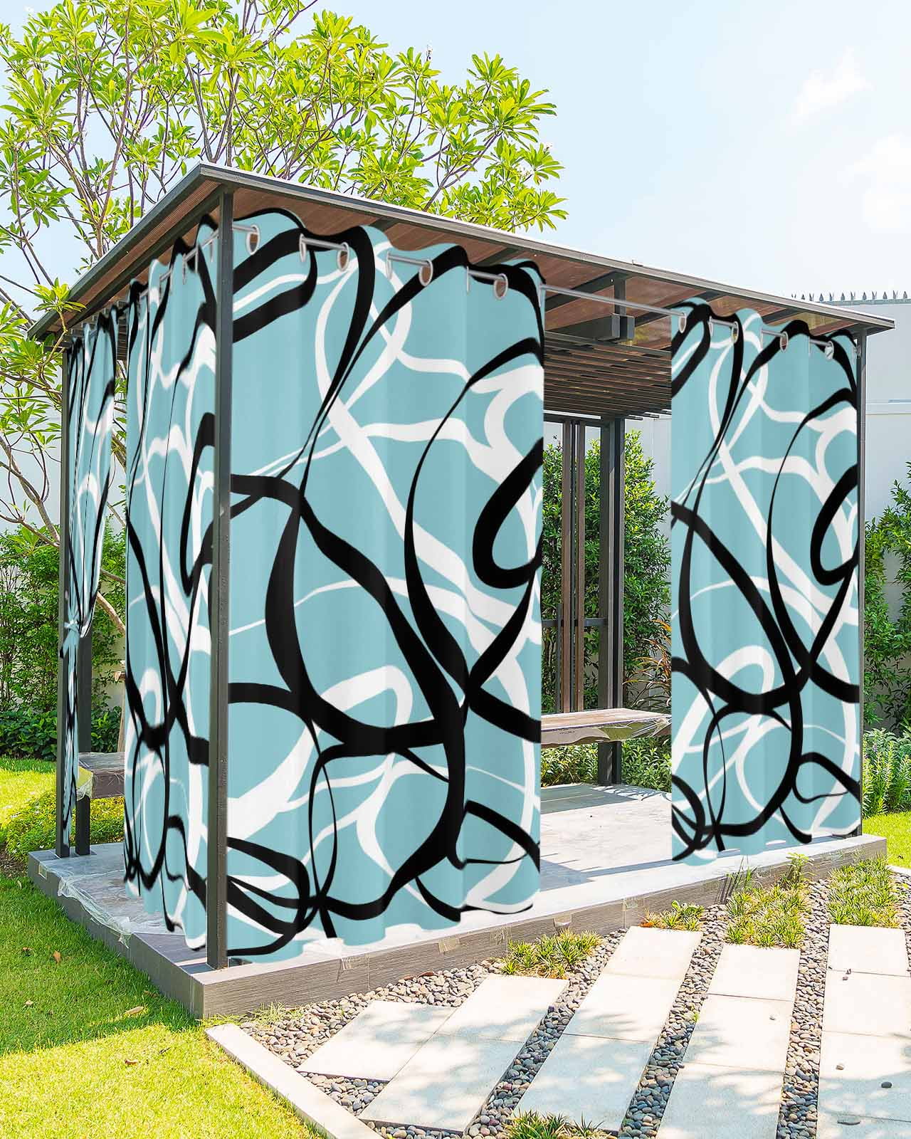 Aqua Geometric Outdoor Curtains for Patio, Modern Black White Striped ...