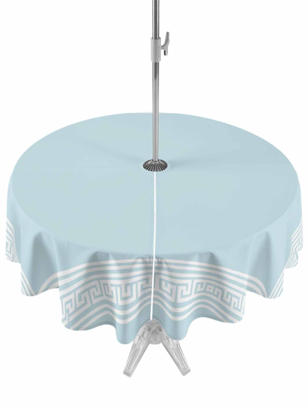 Aqua Geometric Outdoor Tablecloth with Umbrella Hole, White Greek Key ...