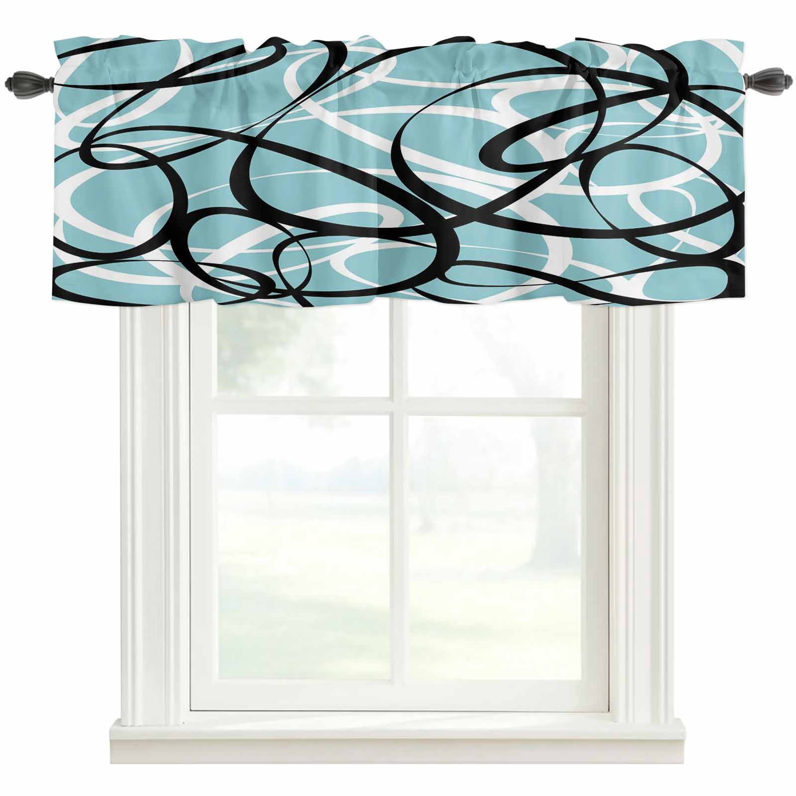 Aqua Geometric Rod Pocket Curtain Valance, Modern Black White Striped ...