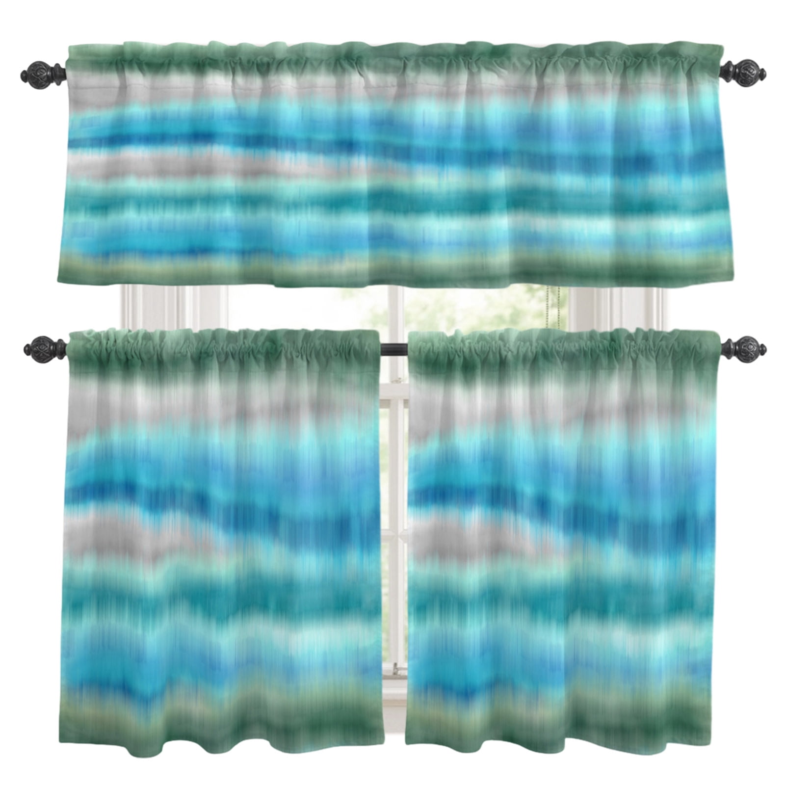 Aqua Gradient Sea Mist Kitchen Curtains and Valances Set, Abstract Blue ...