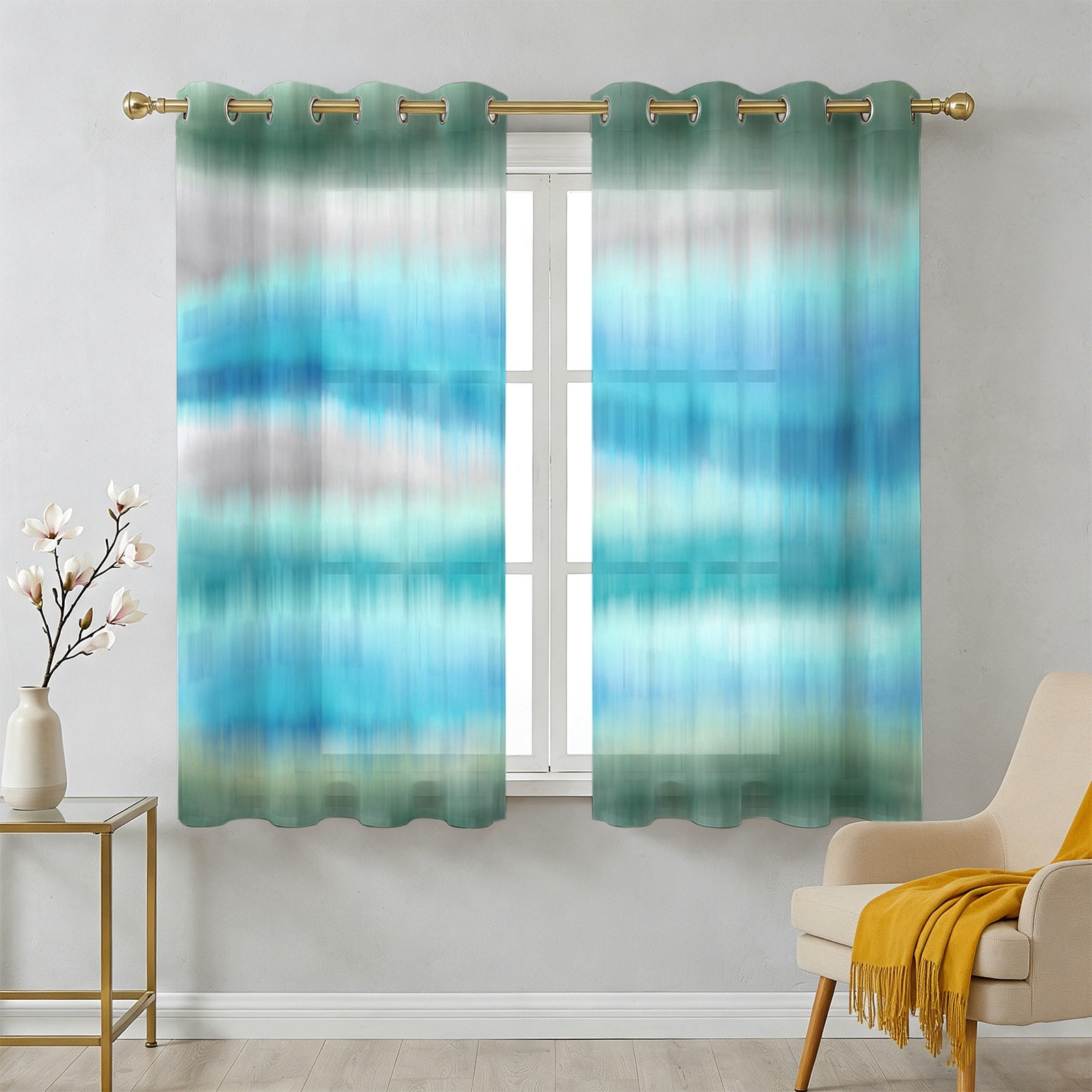 Aqua Gradient Sea Mist Sheer Curtains 45 Inch Long 2 Panels, Abstract ...