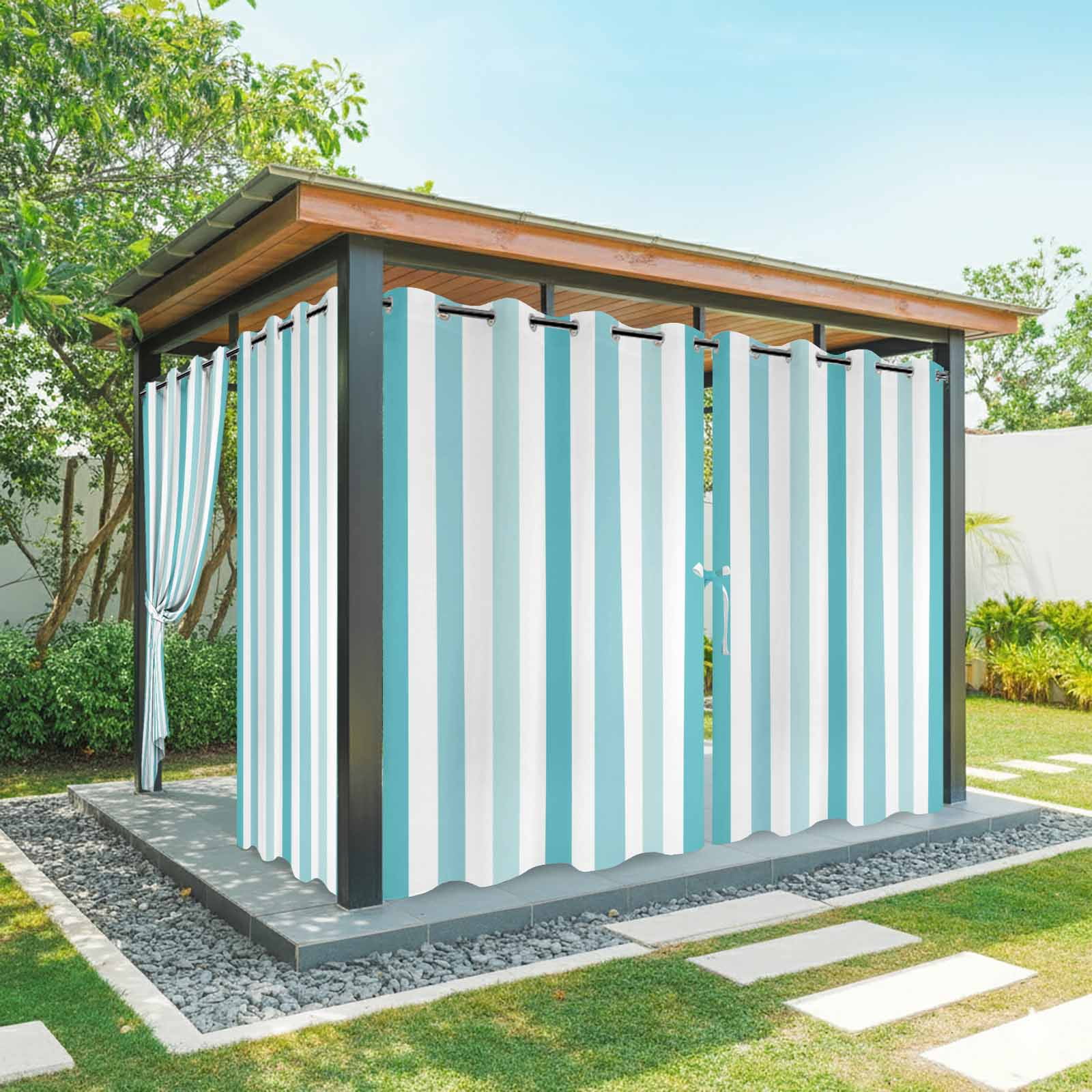Aqua Gradient Stripes Outdoor Curtains for Patio, Minimalist Abstract ...