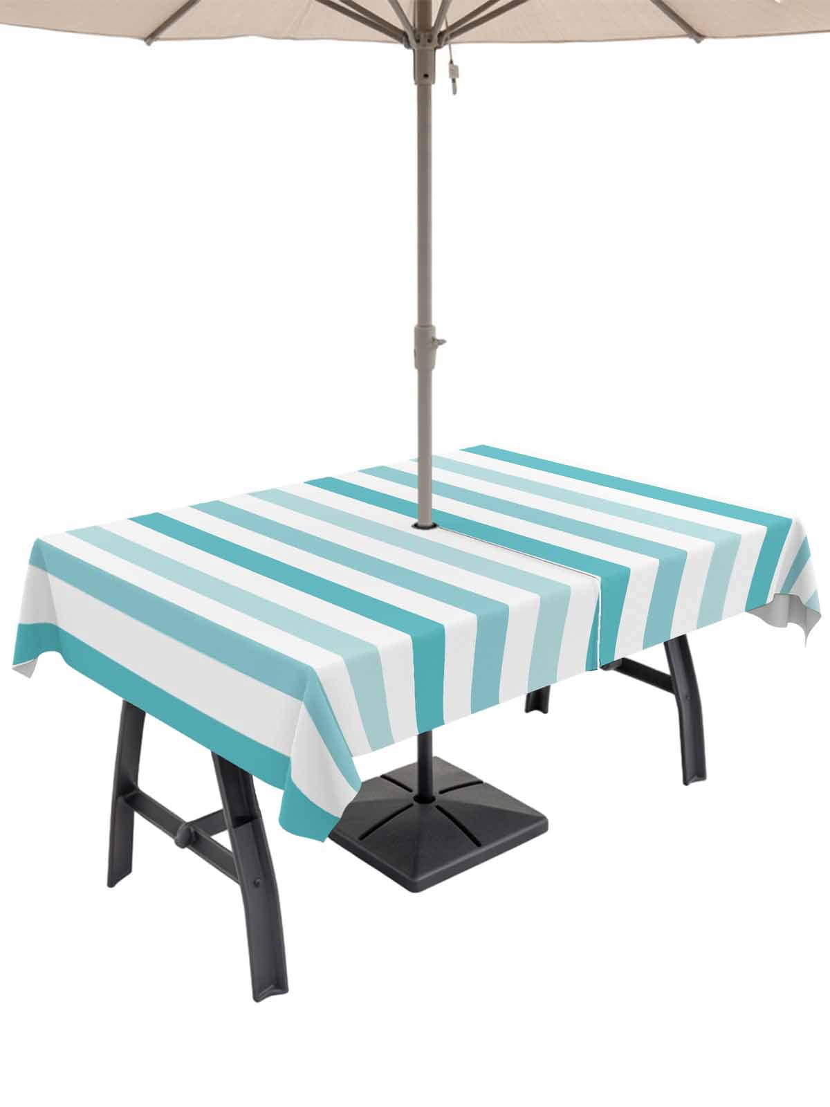 Aqua Gradient Stripes Rectangle Outdoor Tablecloth with Umbrella Hole ...