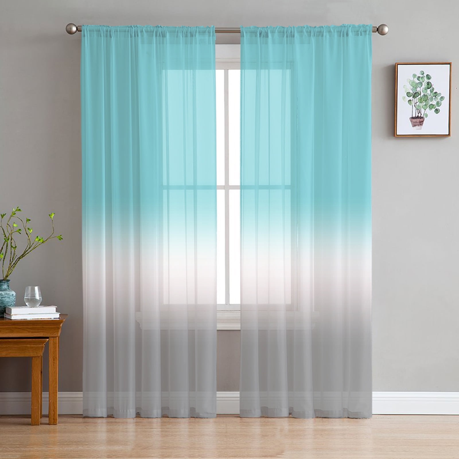 Aqua Gray Ombre Sheer Curtains 63 Inches Length 2 Panels Set, Window Sheer Curtains for Living ...