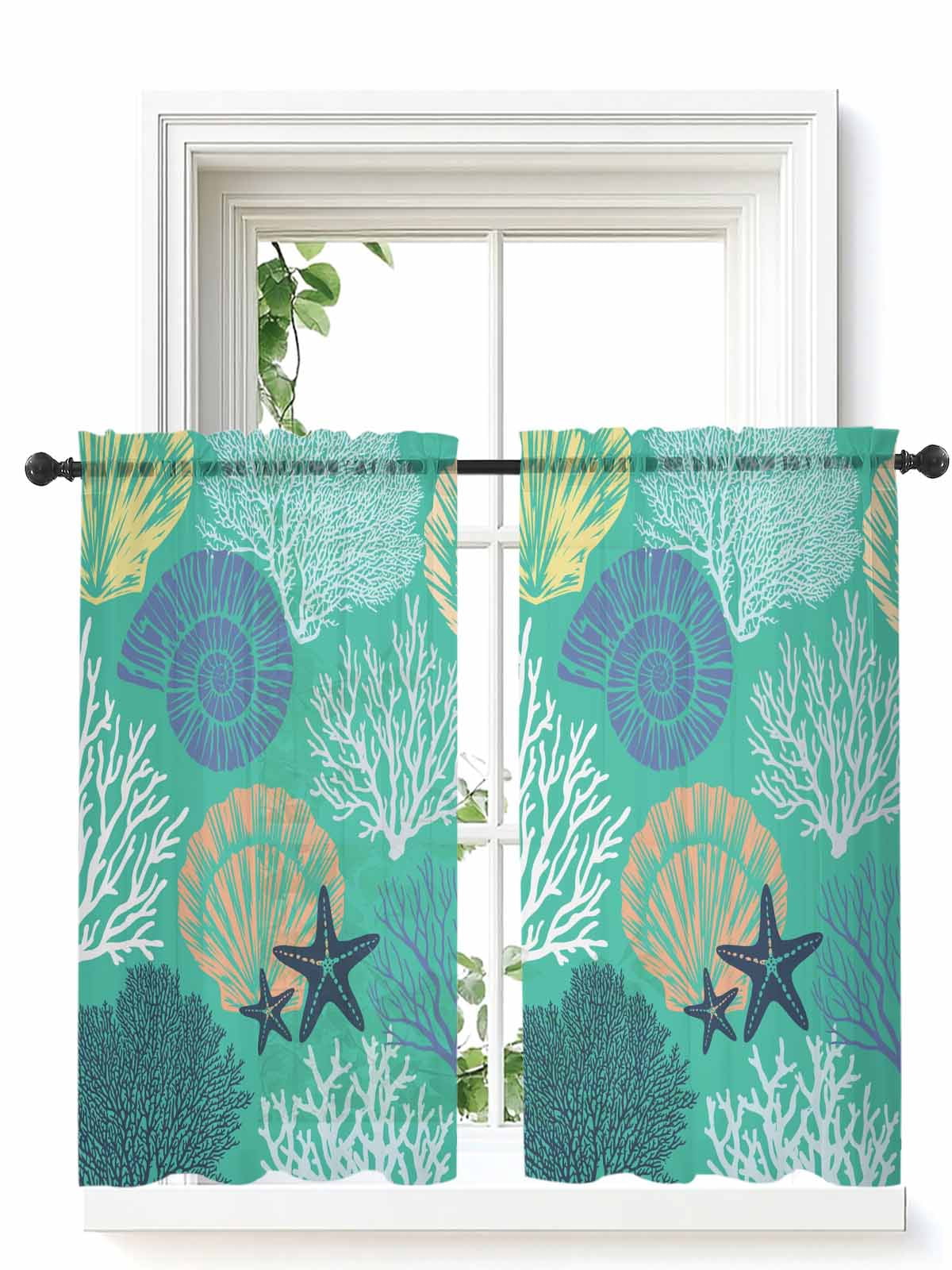 Aqua Gray Shell Coral Curtains 45 Inch Length,Sheer Curtains for ...