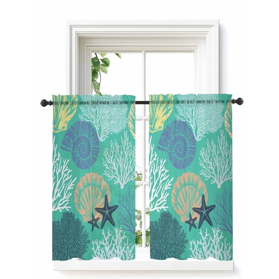 Aqua Gray Shell Coral Curtains 45 Inch Length,Sheer Curtains for ...