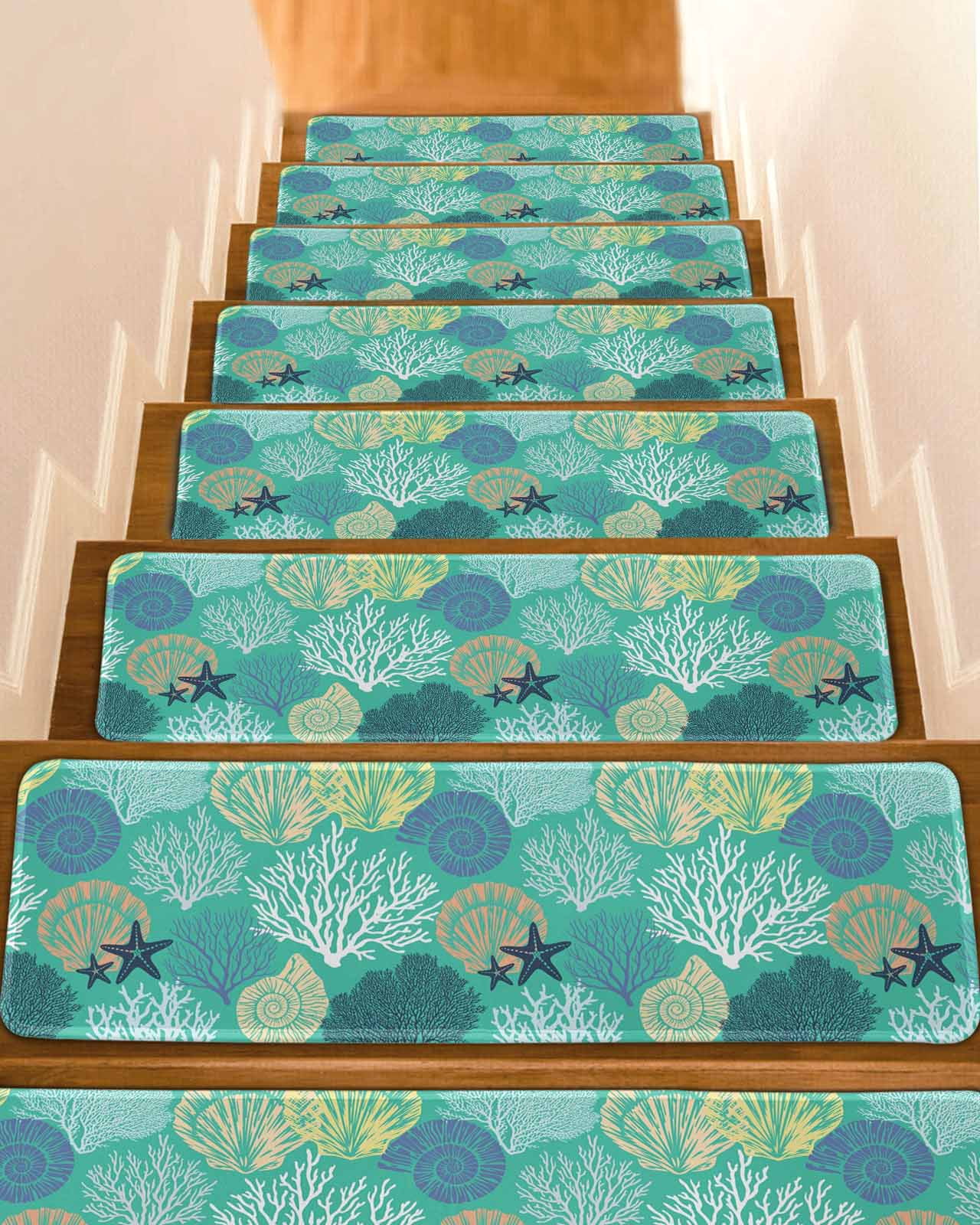 Aqua Gray Shell Coral Stair Treads for Wooden Steps Indoor Runner Rug ...