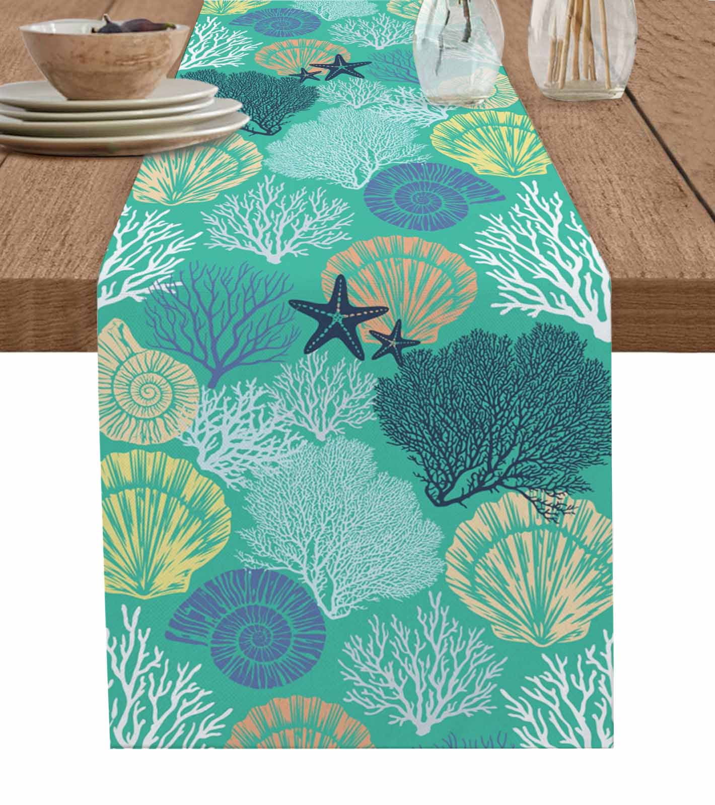 Aqua Gray Shell Coral Table Runner 108 Inches, Coastal Summer Beach ...