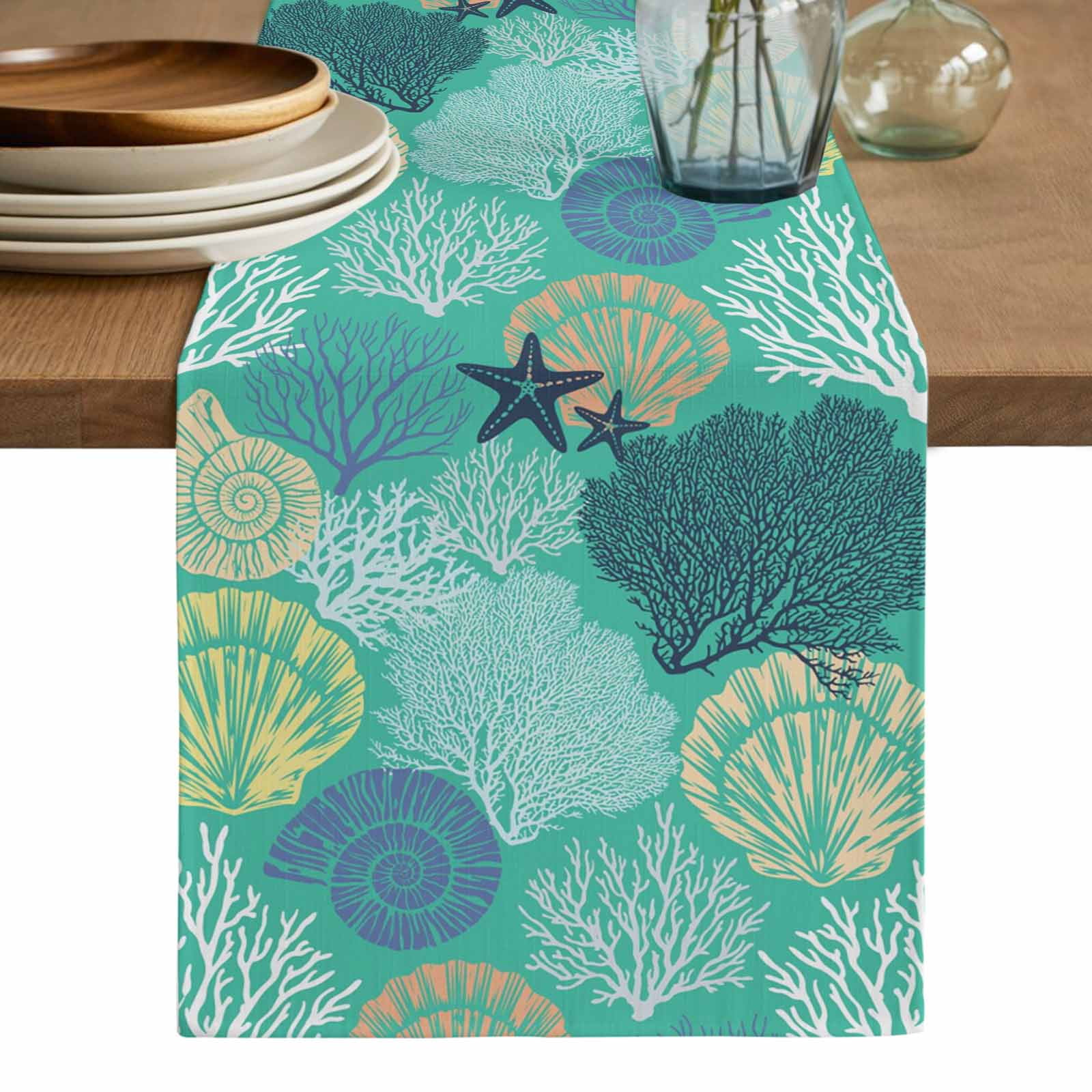 Aqua Gray Shell Coral Table Runner, Coastal Summer Beach Nautical Ocean ...