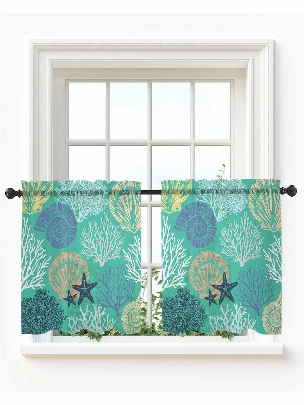 Aqua Gray Shell Coral Tier Curtains 36 Inch Length,Sheer Curtains for ...