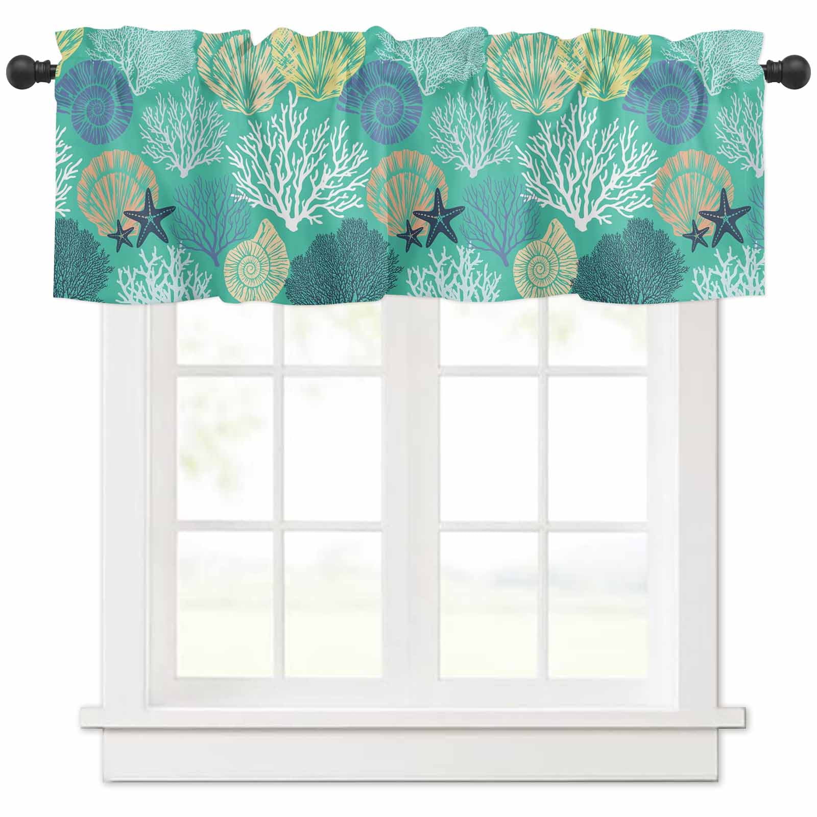 Aqua Gray Shell Coral Valances for Windows Farmhouse Kitchen Curtains ...