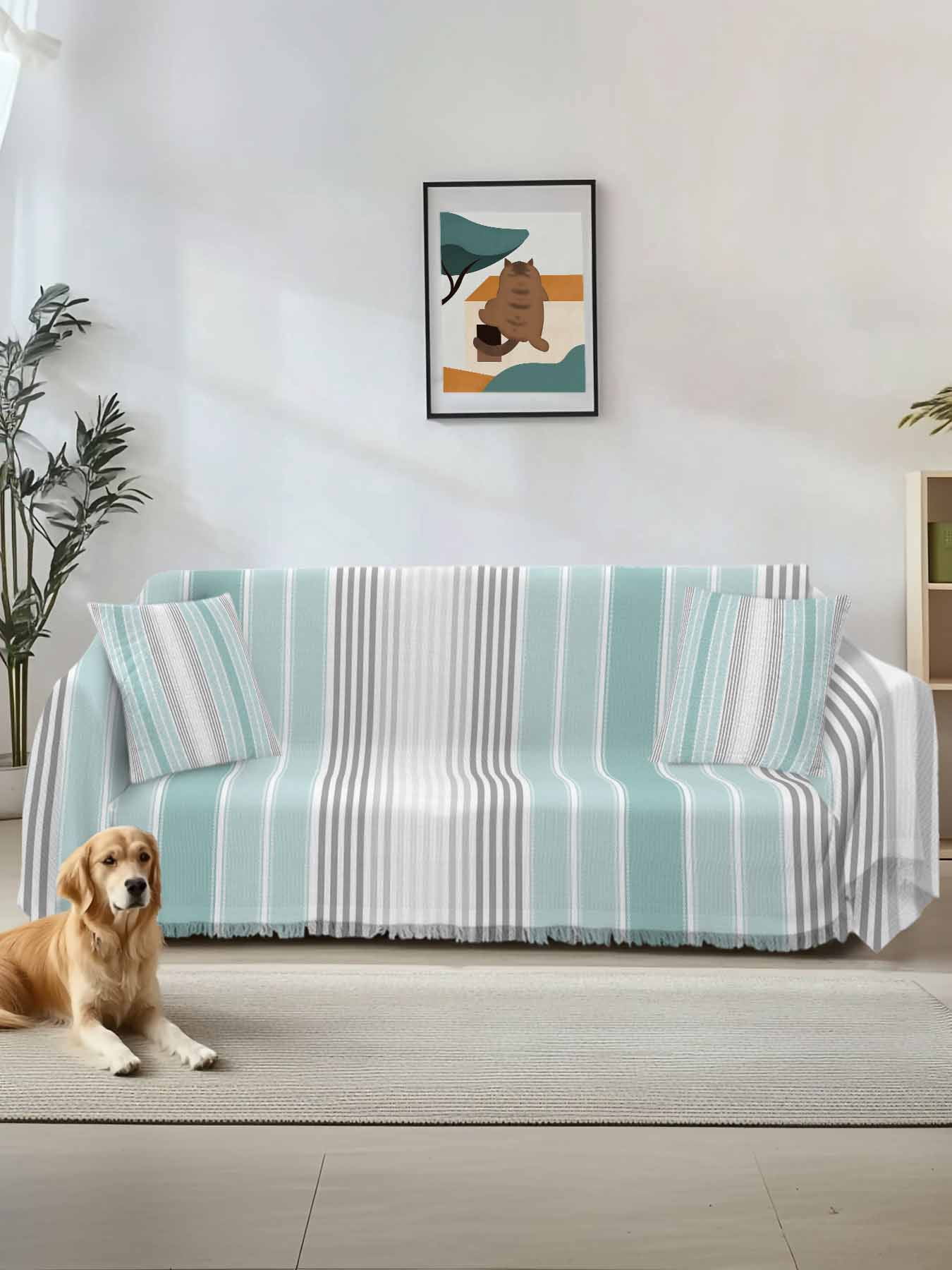 Aqua Gray Stripes Couch Cover, Minimalist Gradient Lines Aesthetic Sofa ...