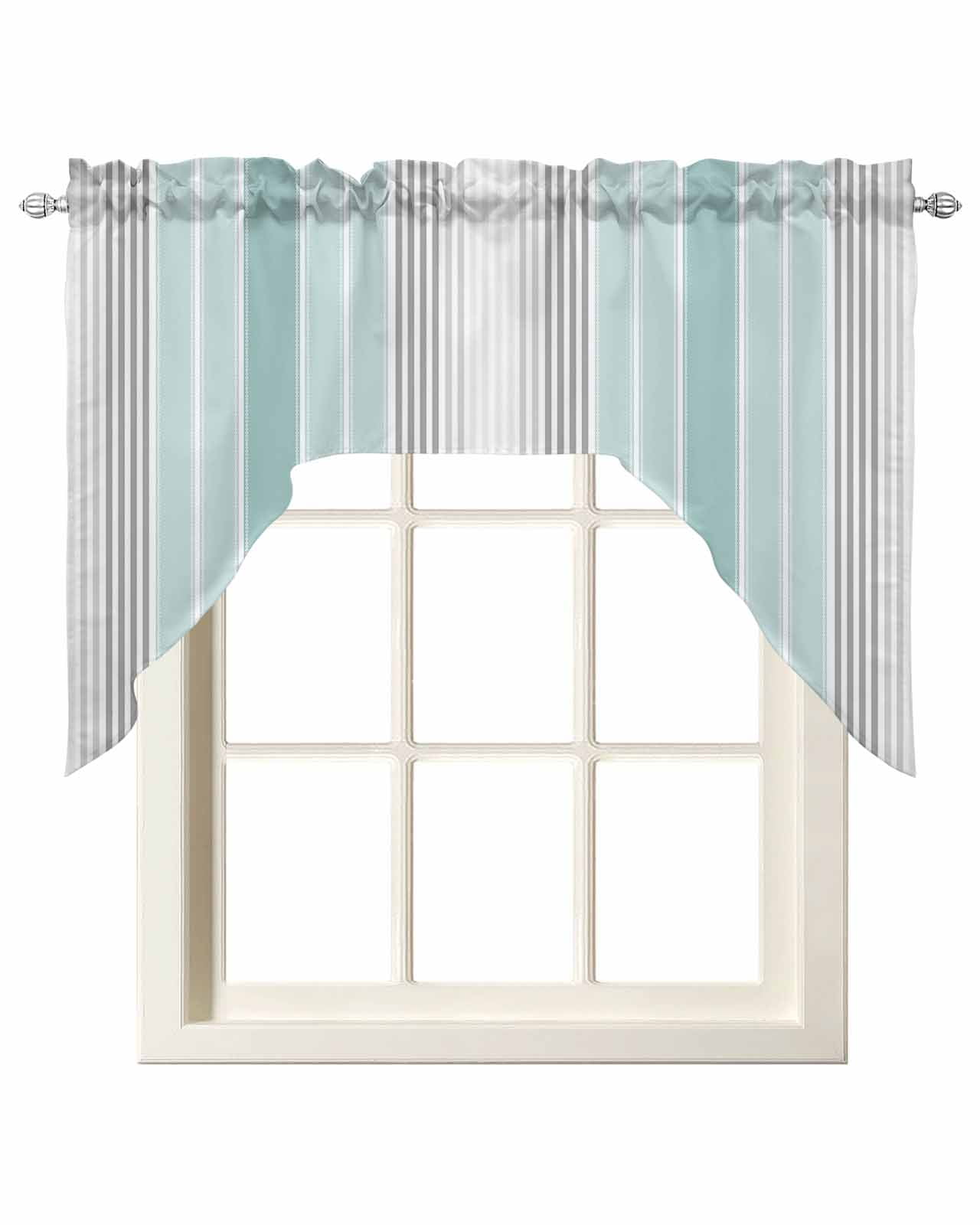 Aqua Gray Stripes Kitchen Curtains Swag Valance for Windows/Bathroom/Cafe, Minimalist Gradient ...