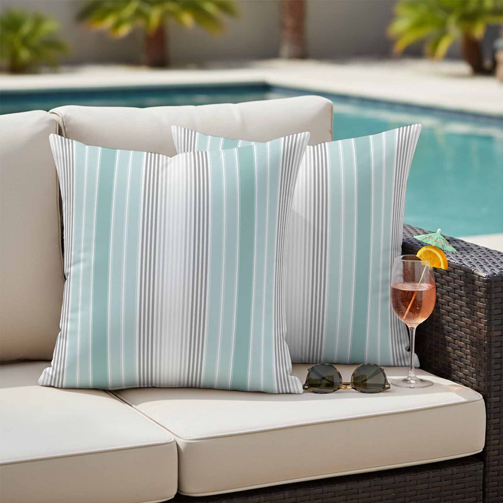 Aqua Gray Stripes Outdoor Pillow Covers 20x20 Inch Throw Pillow Covers ...