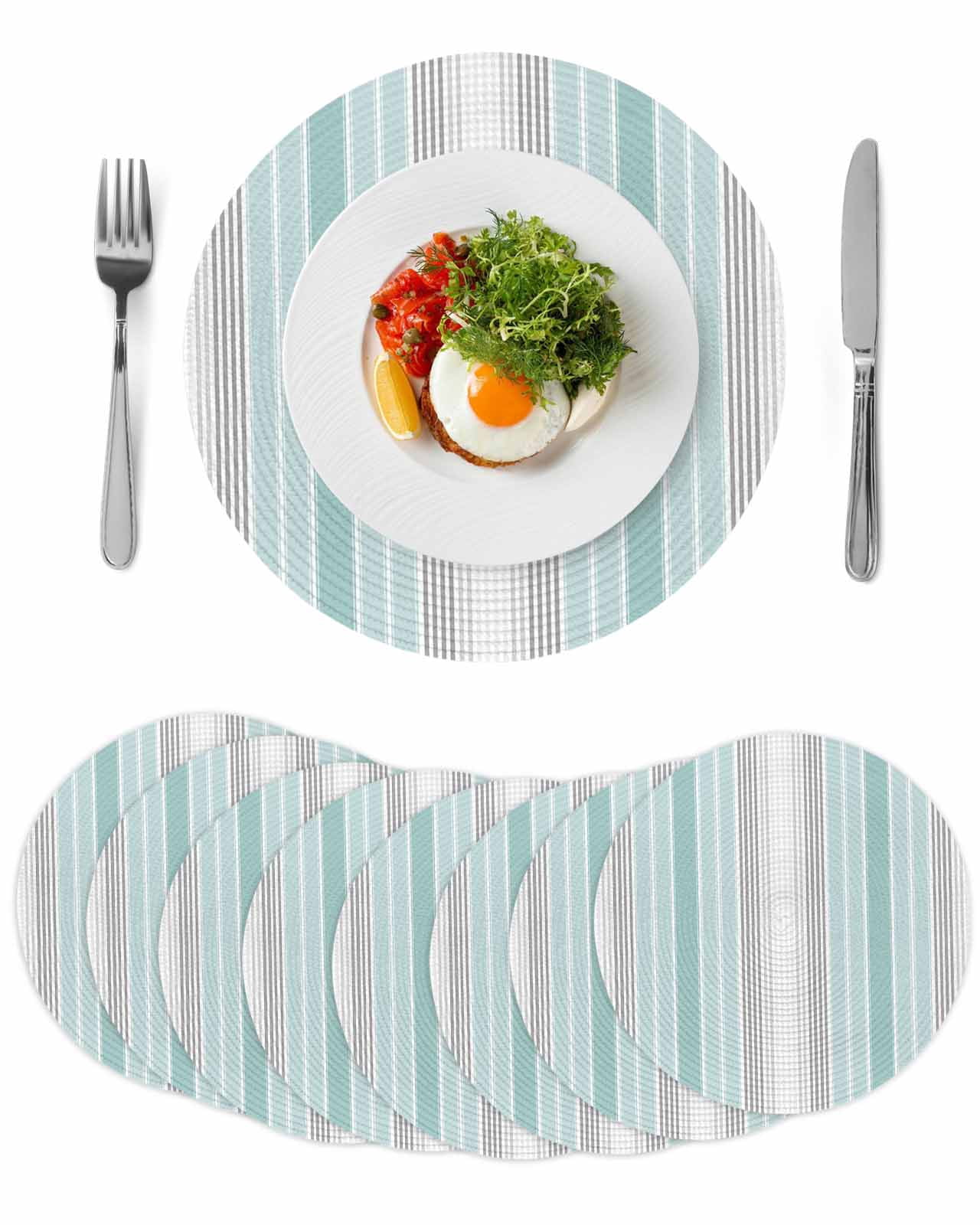 Aqua Gray Stripes Round 13 Inch Placemats Set of 8, Minimalist Gradient ...