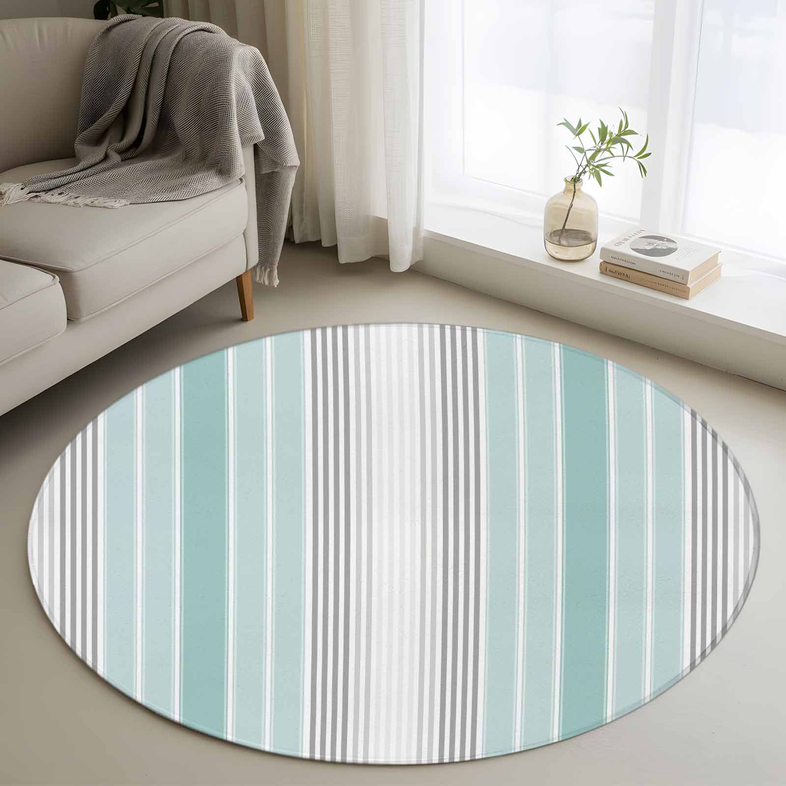 Aqua Gray Stripes Round Area Rug 4 FT, Non Slip Indoor Outdoor Rug ...