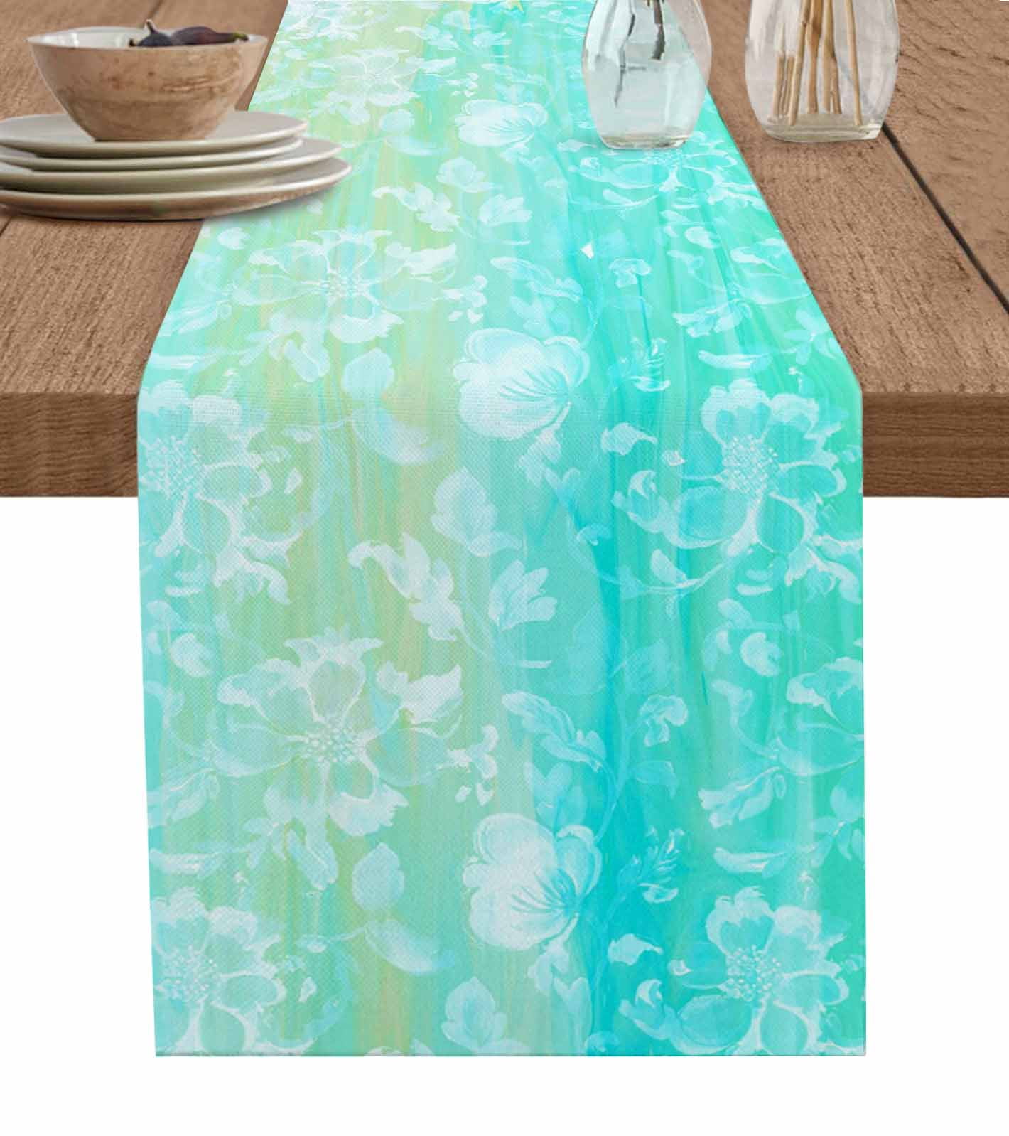 Aqua Green Burlap Cotton Table Runner 13x108 Inches Long, Watercolor Colorful Ombre Abstract ...