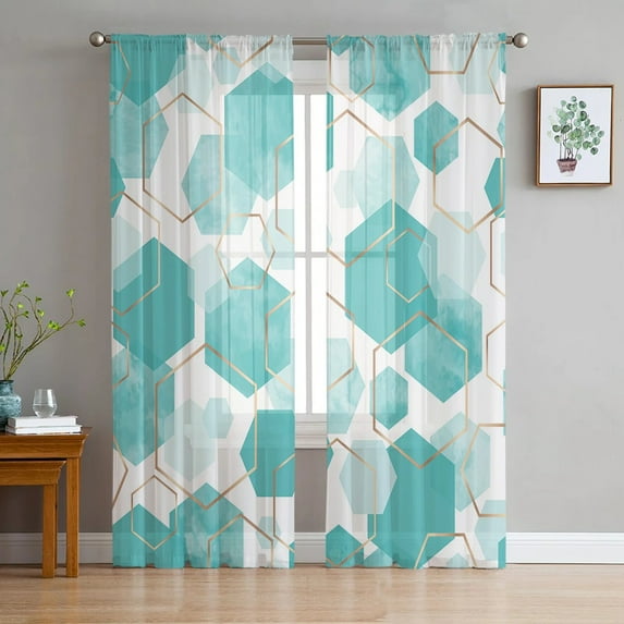 Aqua Green Geometric Texture Tulle Curtains for Living Room Sheer ...