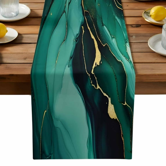 Aqua Green Gold Marble Table Runner, Bronzing Watercolor Modern ...