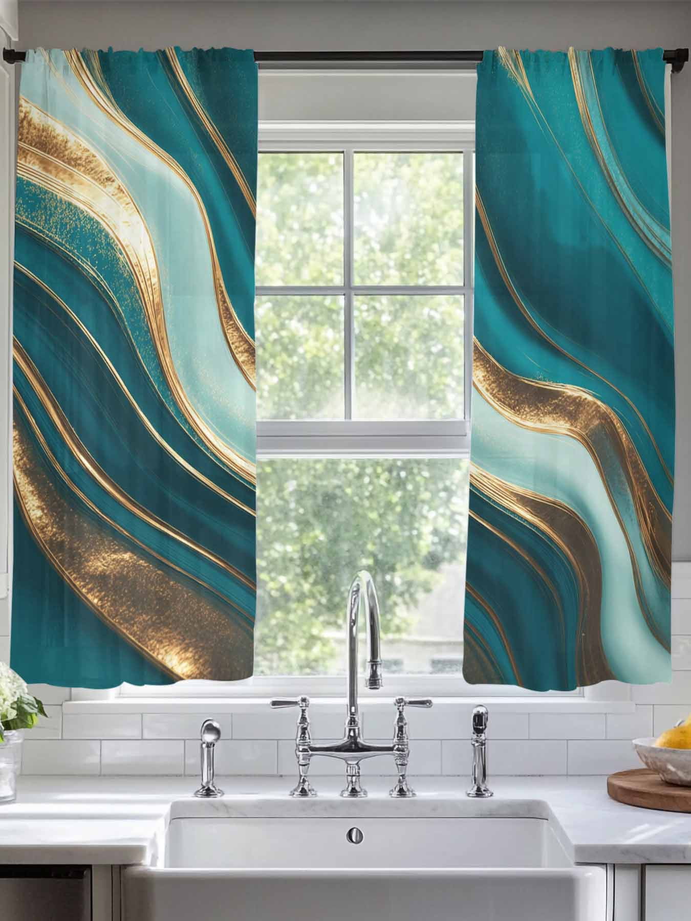 Aqua Green Marble Gold Stripes Chiffon Sheer Curtains 63 Inches Long ...