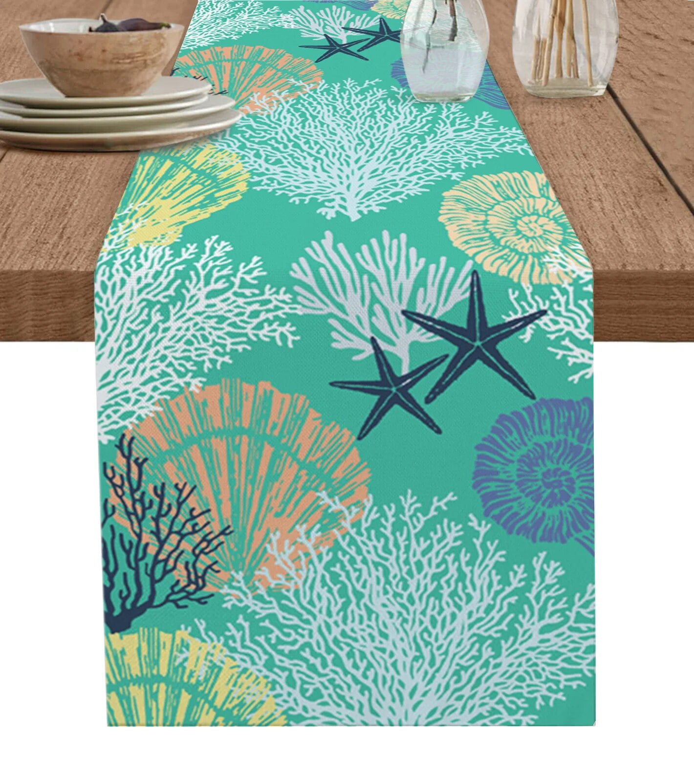 Aqua Green Marine Coral Shell Star Linen Table Runner Kitchen Table ...