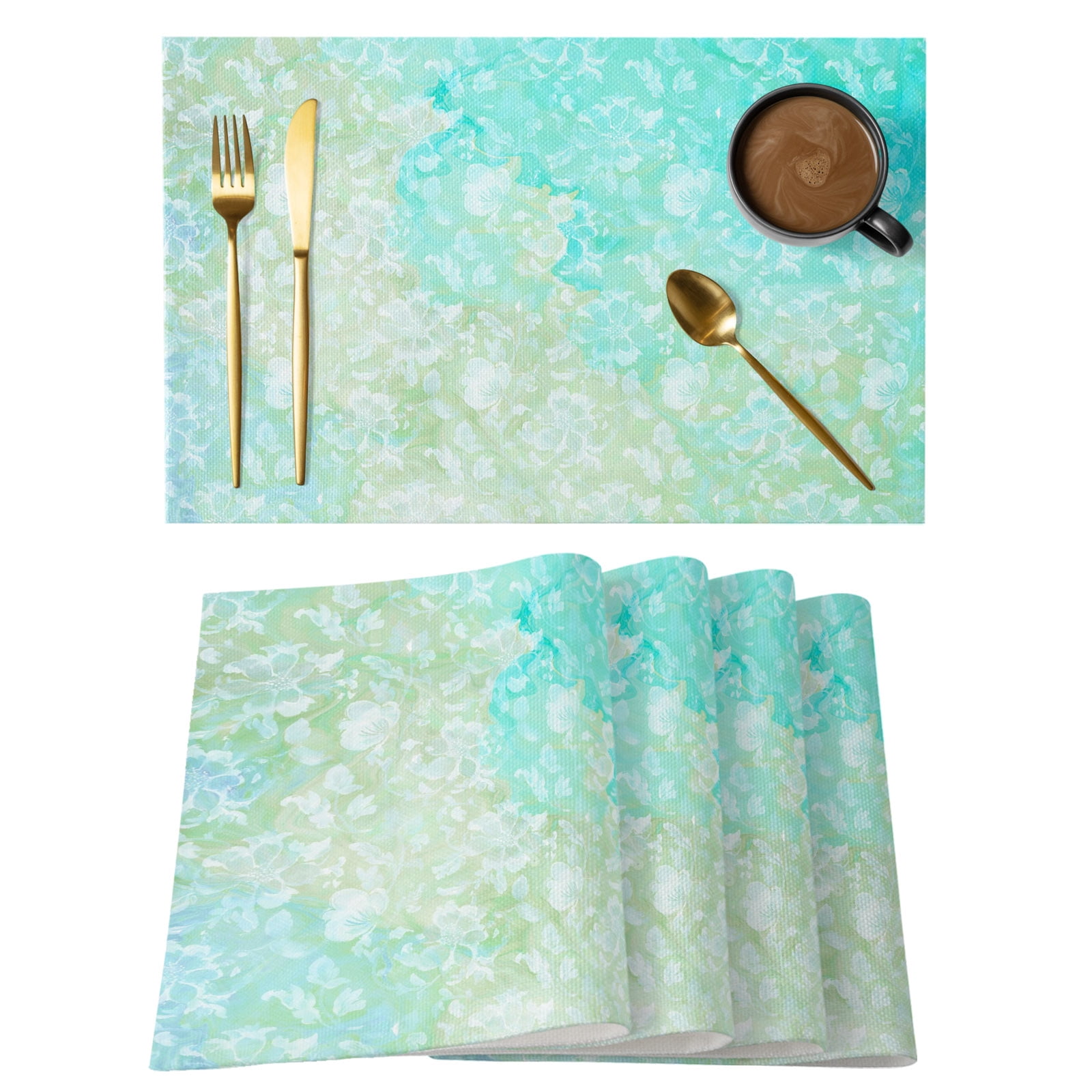 Aqua Green Placemats Set of 2,Cotton Linen Fabric Place Mats,Watercolor ...