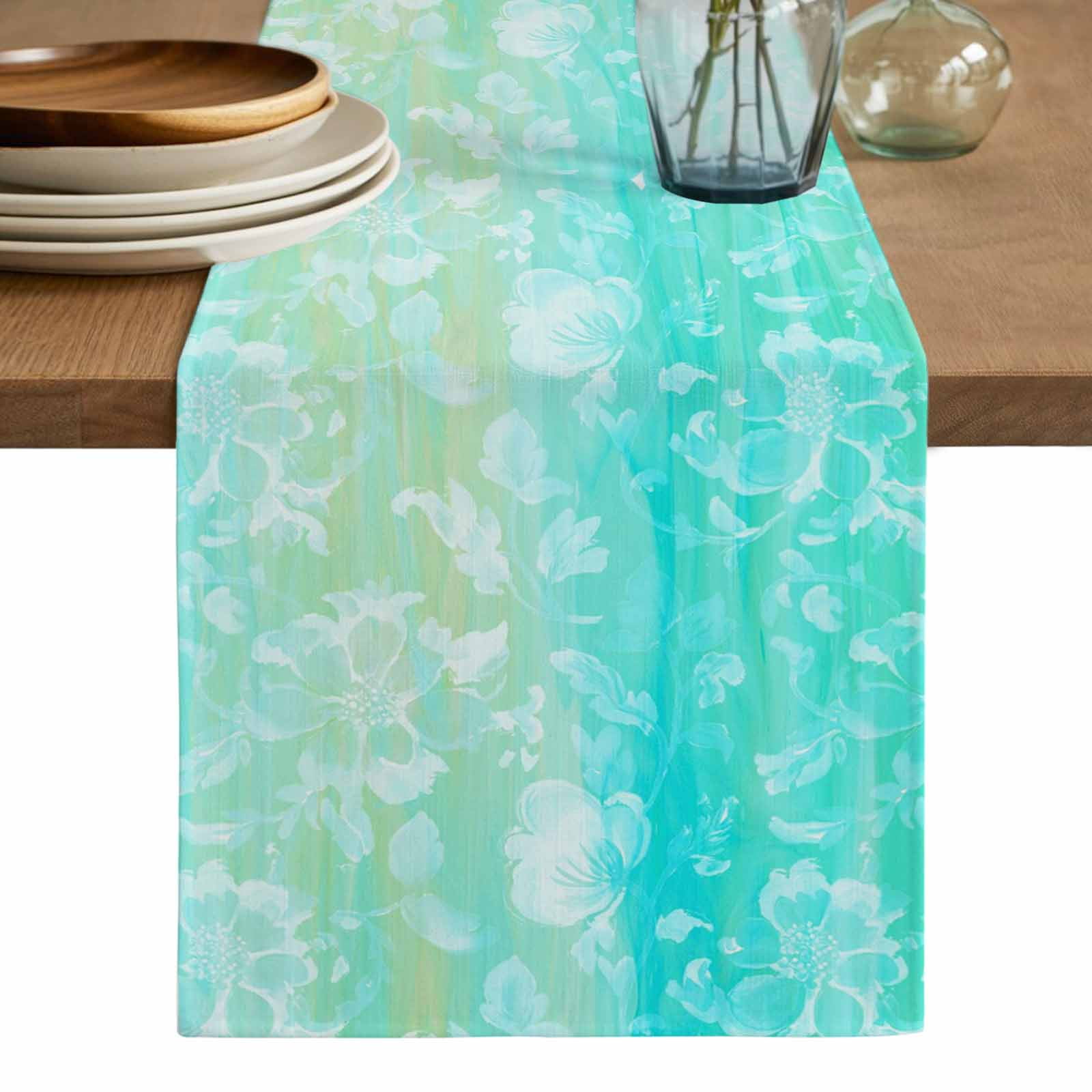 Aqua Green Table Runner, Watercolor Colorful Ombre Abstract Floral Art ...