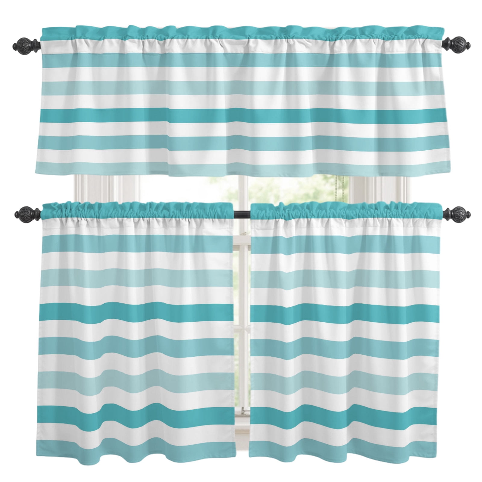 Aqua Green White Striped Kitchen Curtains and Valances Set, Modern ...