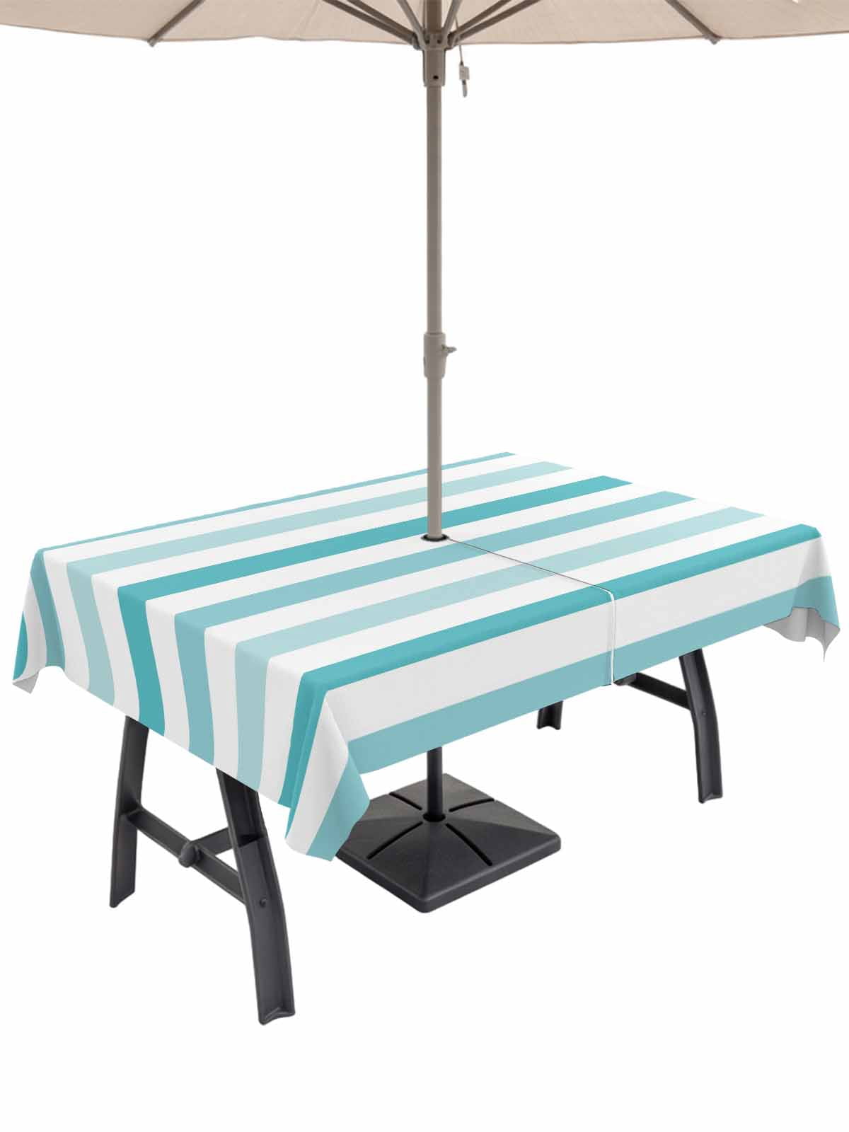Aqua Green White Striped Rectangle Outdoor Tablecloth with Umbrella ...