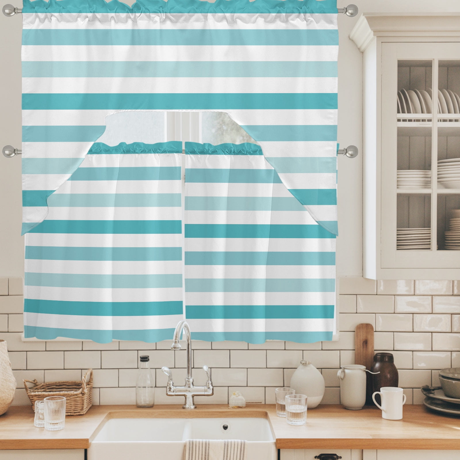 Aqua Green White Striped Swag Curtains Valance and Tier Set, Modern ...