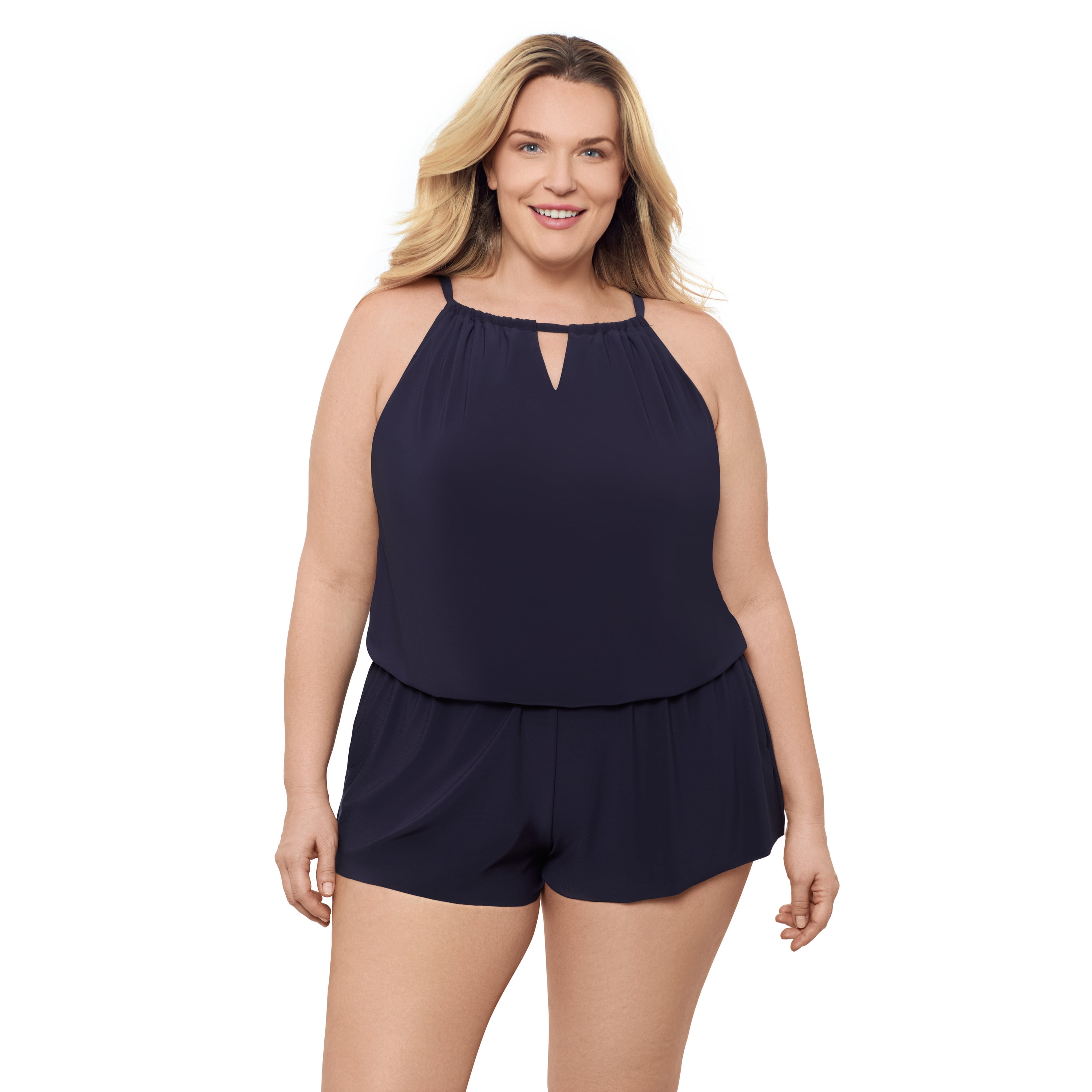 Aqua Green, Women's Keyhole Blouson Romper, True Navy Blue, 2X ...