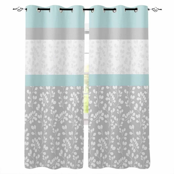 Aqua Grey Blackout Curtains 63 Inches Long, Chic Garden Floral Stripe ...