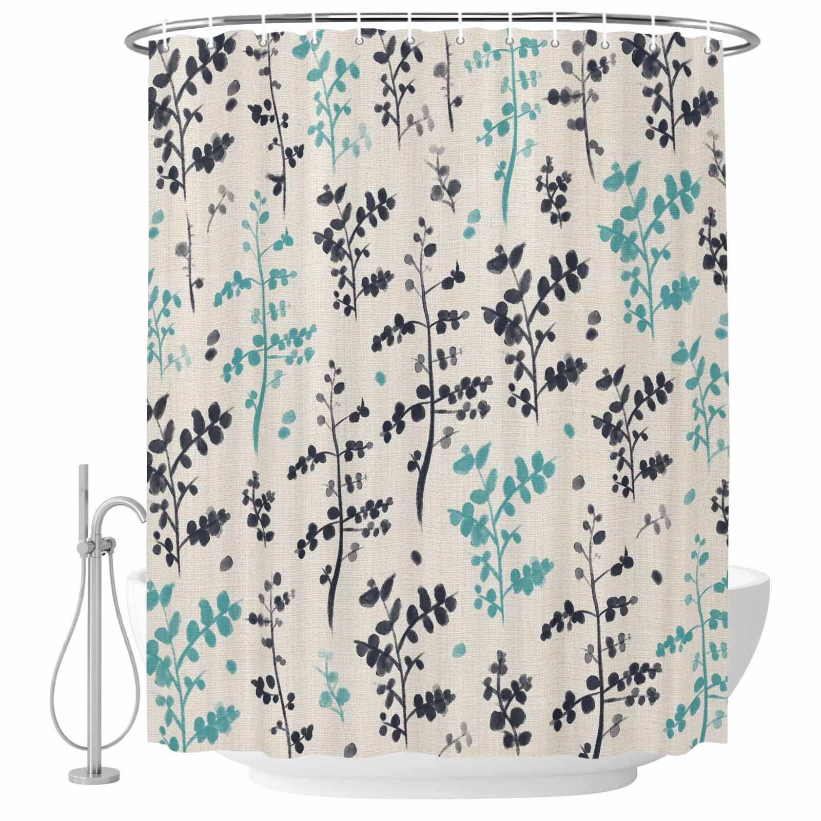 Aqua Grey Botanical Shower Curtain Set - Long 72" x 84" Washable ...