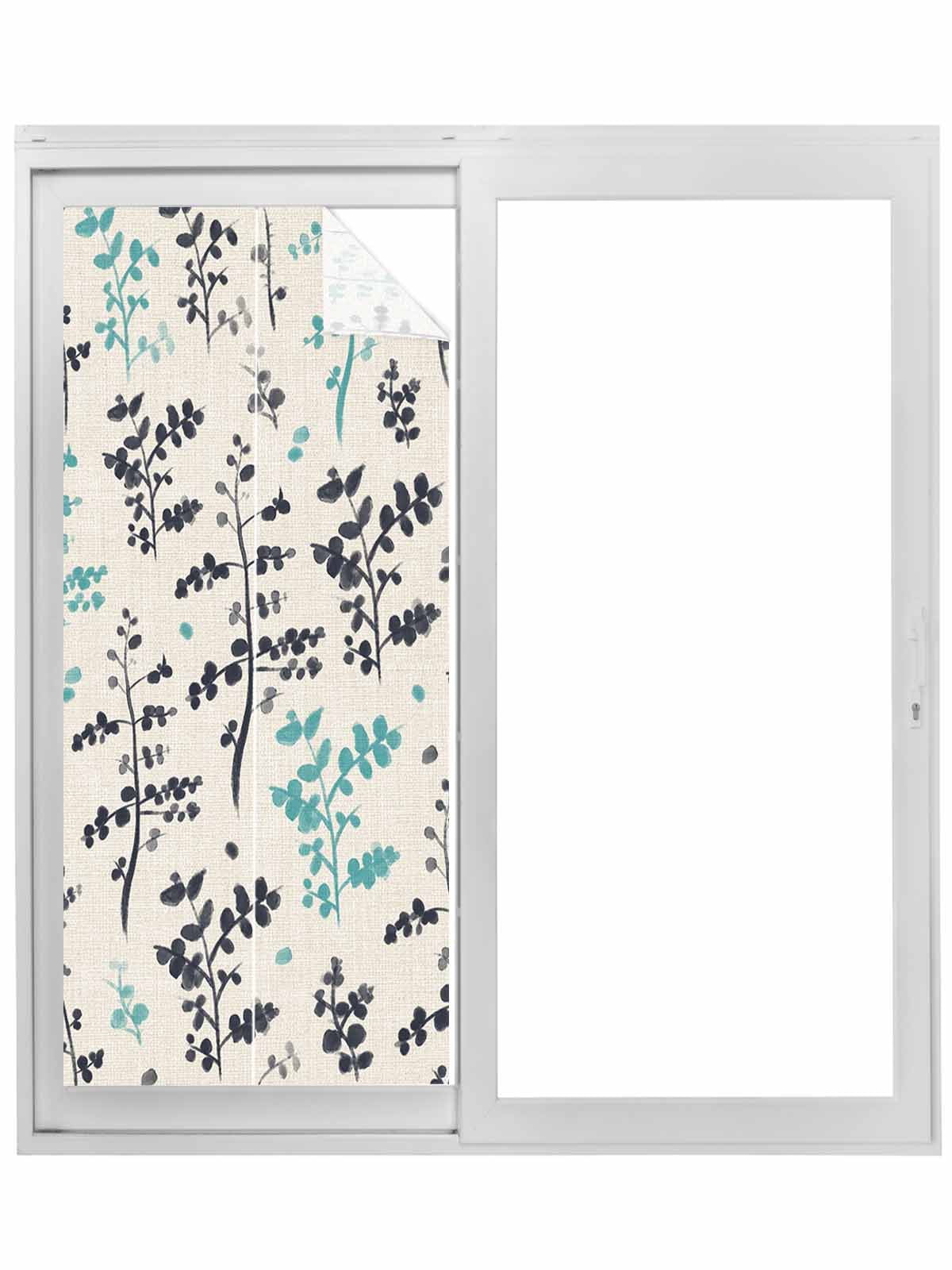 Aqua Grey Botanical Window Privacy Film, Rustic Country Spring Floral ...