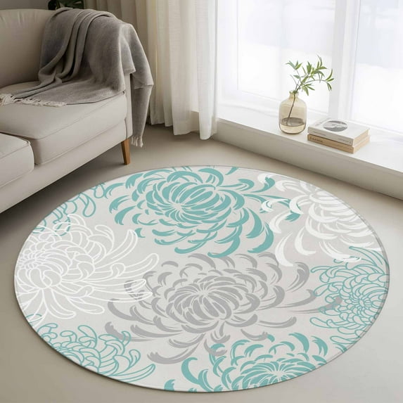 Aqua Grey Chrysanthemum Round Rugs 4ft, Farmhouse Botanical Floral ...