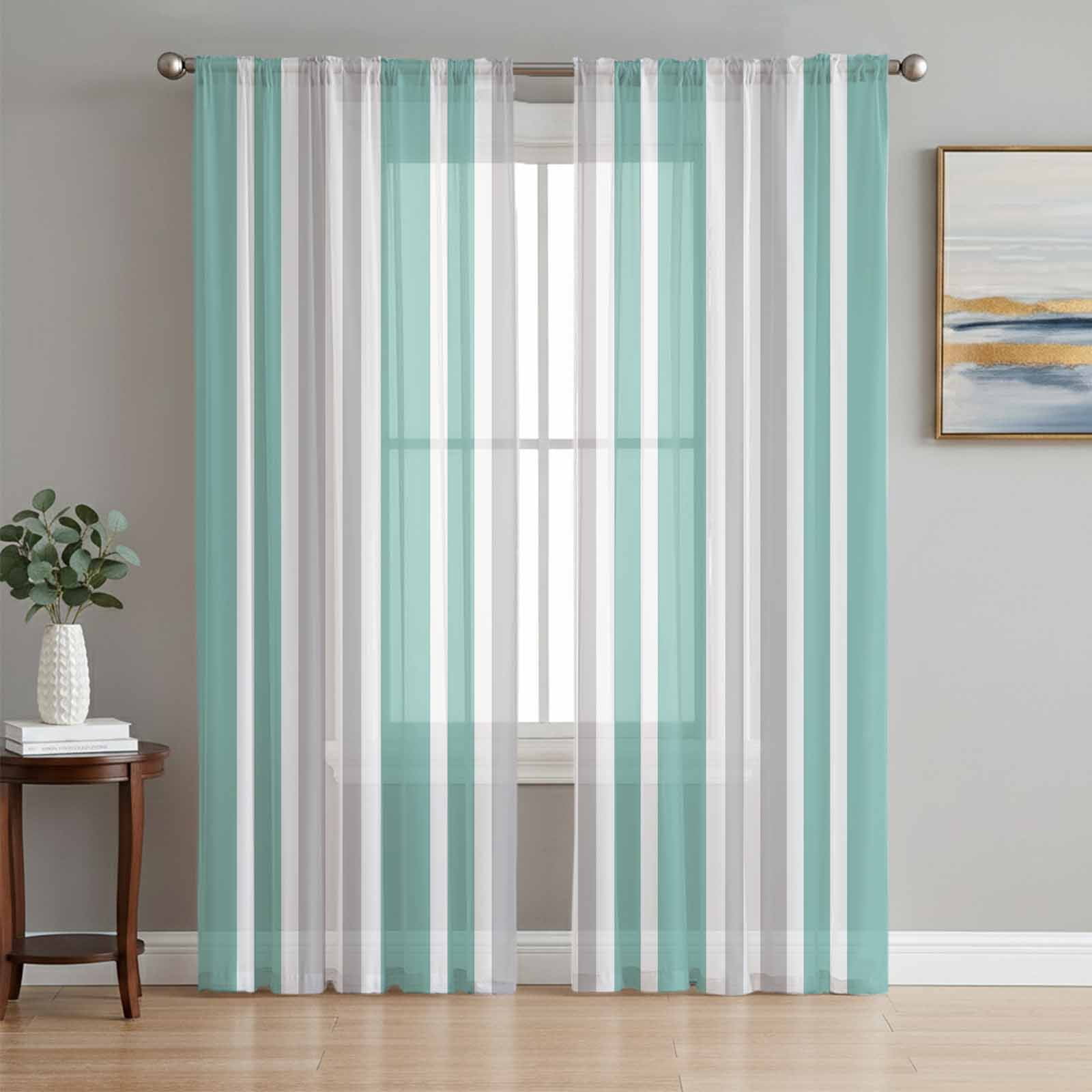 Aqua Grey Stripe Sheer Curtains 72 Inch Length 2 Panels Set, Farmhouse ...