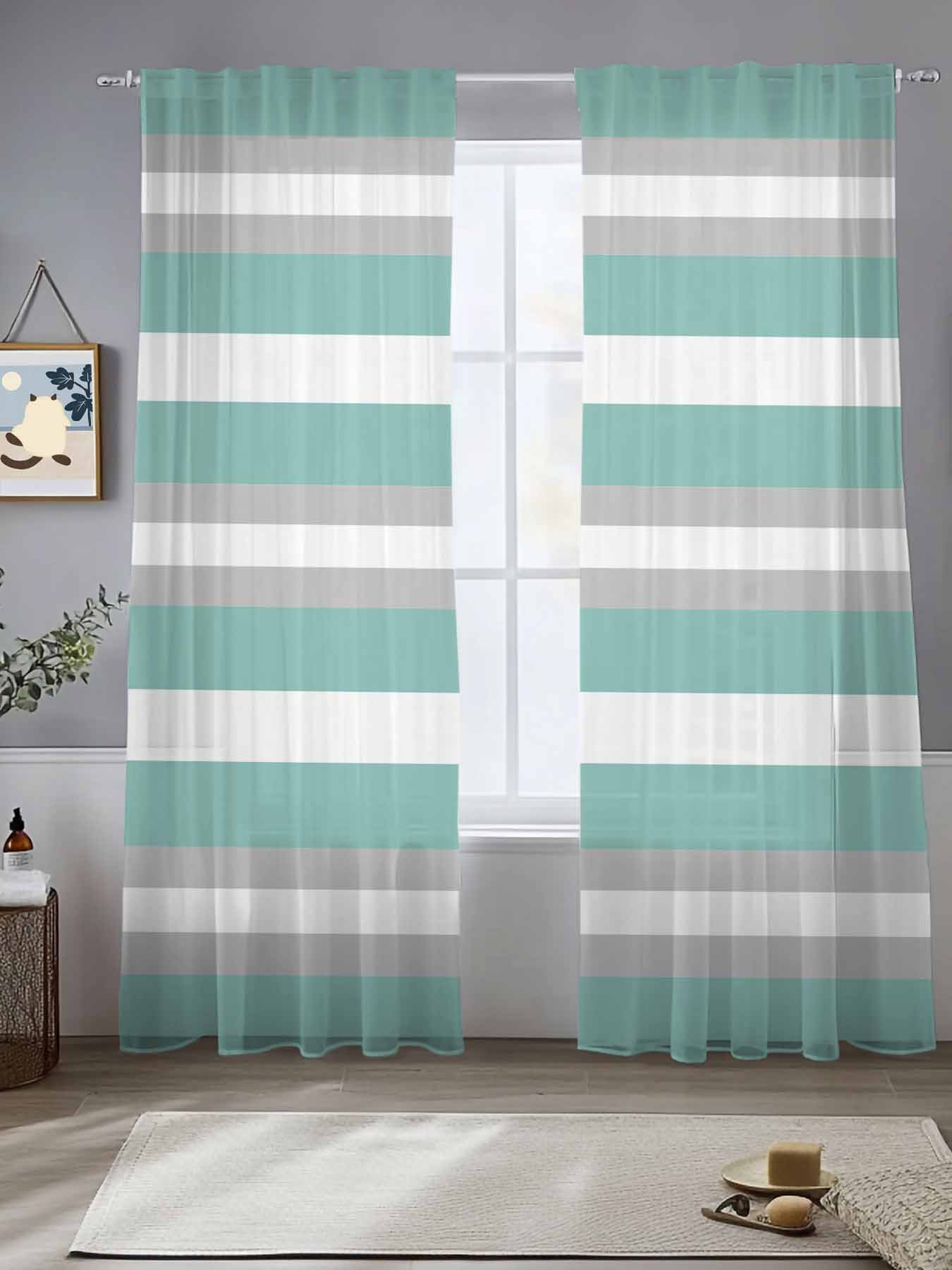 Aqua Grey Stripe Sheer Curtains for Living Room Bedroom Minimalist ...