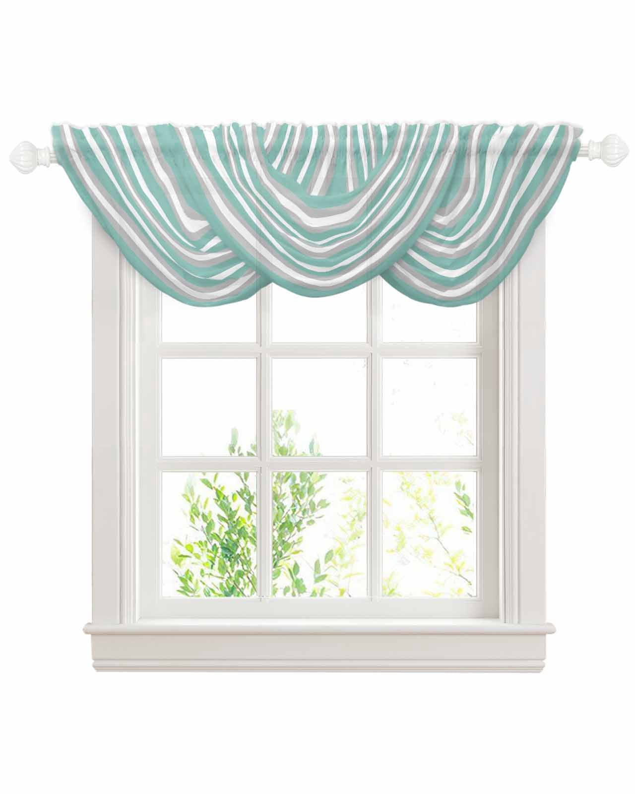 Aqua Grey White Stripe Waterfall Valances for Windows, Rustic Modern ...