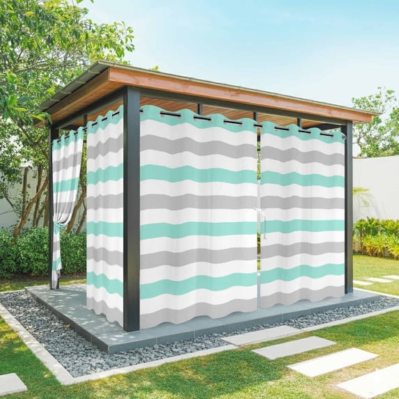 Aqua Grey White Striped Outdoor Curtains for Patio, Modern Minimalist ...