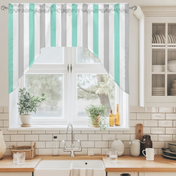 Aqua Grey White Stripes Swag Curtain Valance for Windows, Minimalist ...