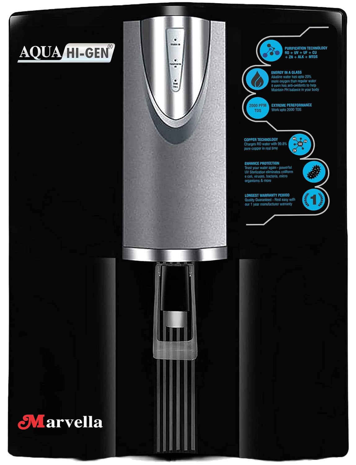 Aqua Higen RO Water Purifier RO UV UF MTDS COPPER ALKALINE Storage Tank Capacity10 ltrs Black ...