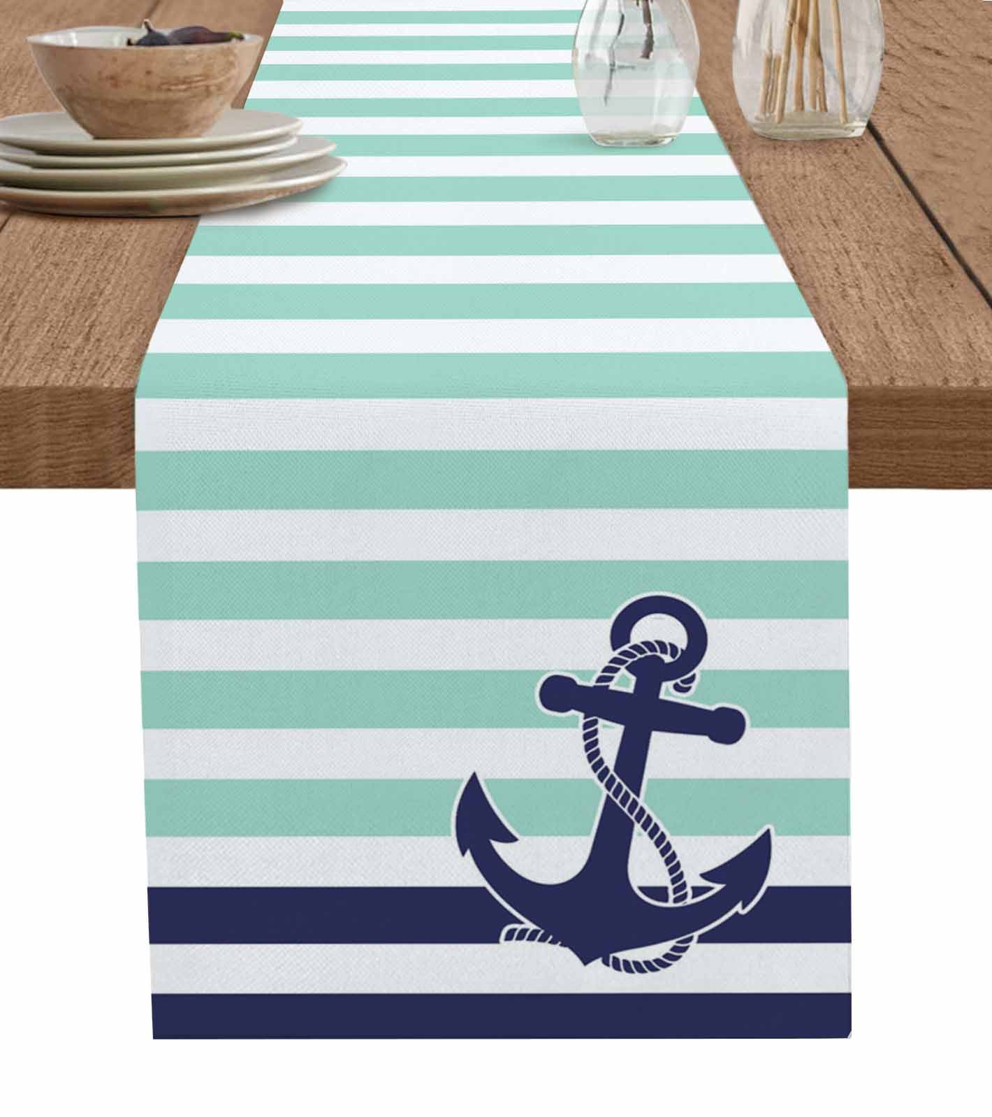 Aqua Horizontal Striped Table Runners 120 Inches Long, Cotton Linen ...