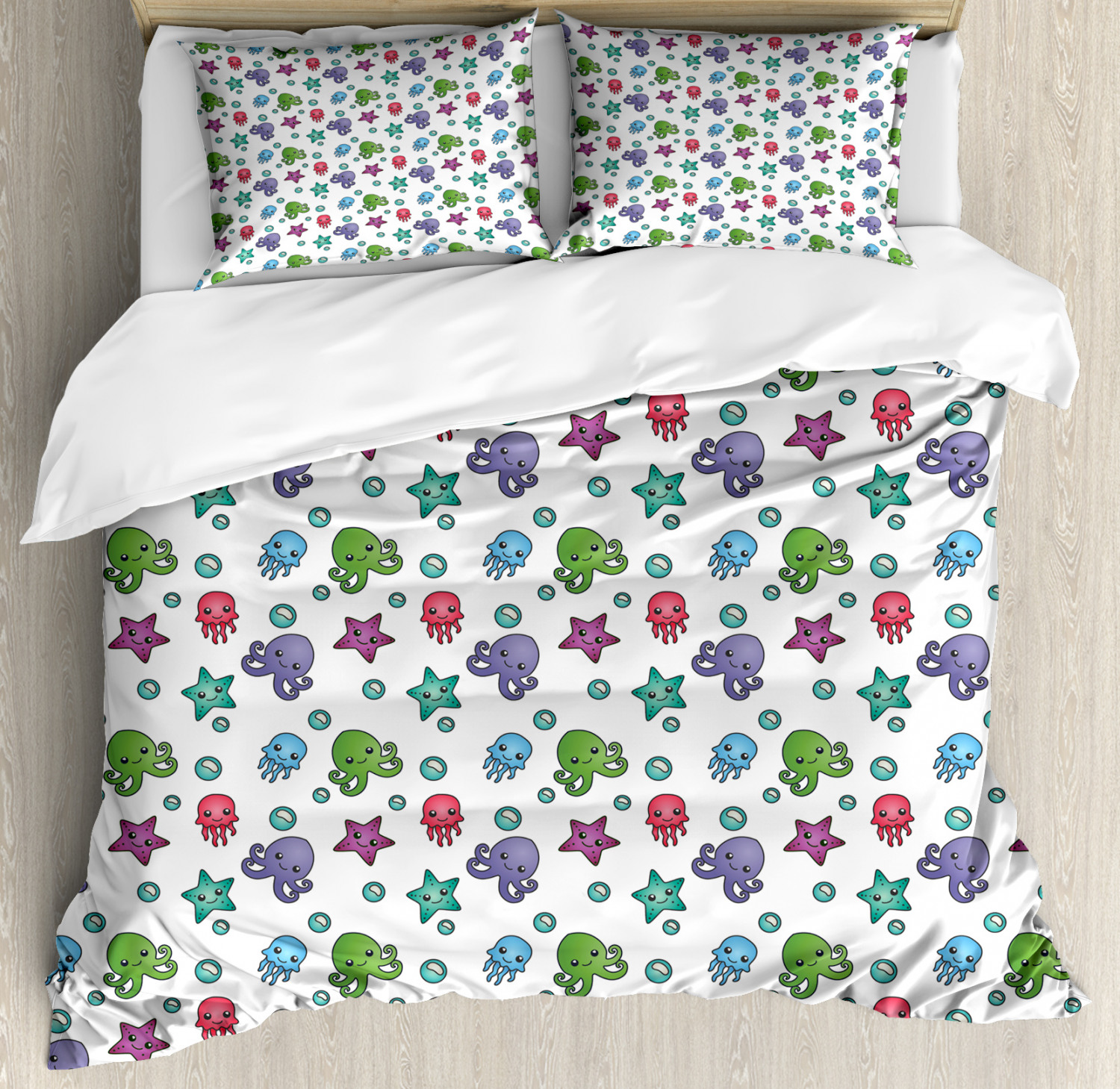 Aqua Jellyfish Duvet Cover Set King Size, Childish Happy Scene of ...
