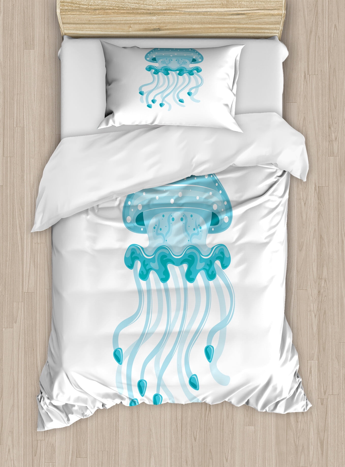Aqua Jellyfish Duvet Cover Set, Print of a Single Image Marine Creature ...