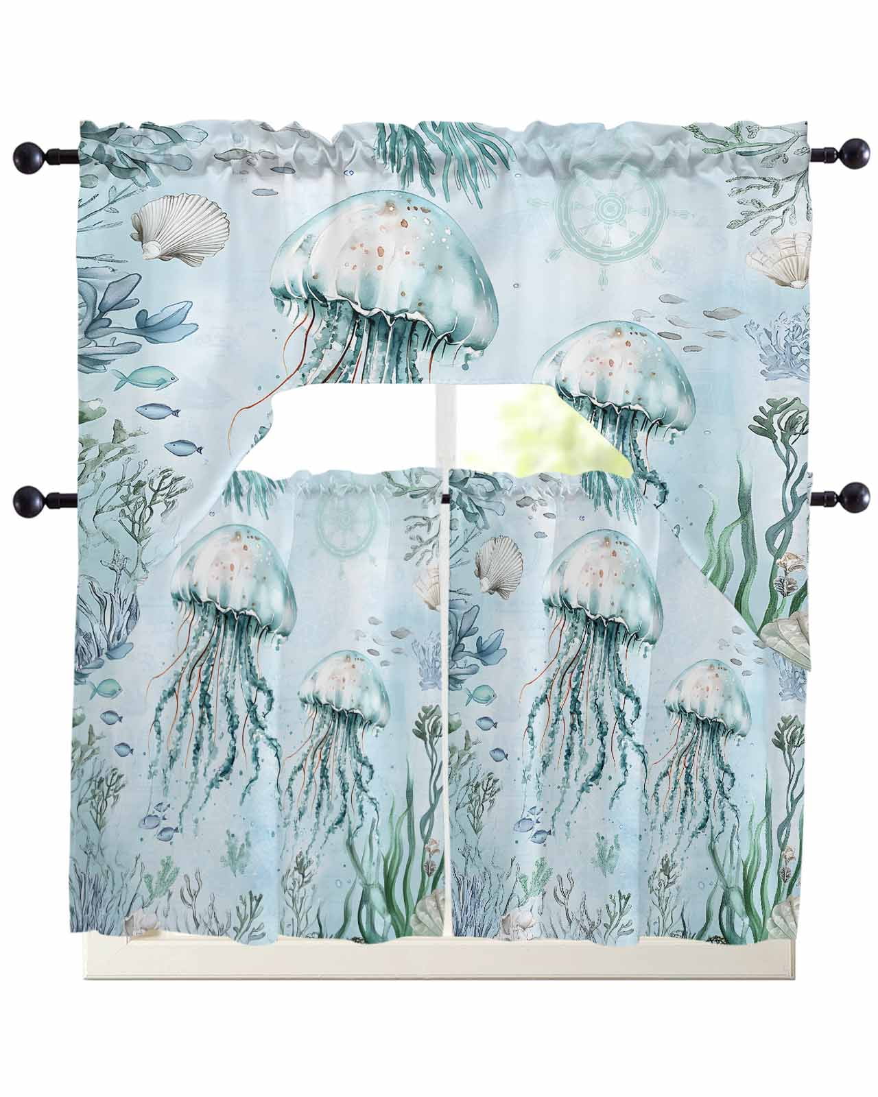 Aqua Jellyfish Kitchen Curtains Sets 24 Inch Length with Valance ...