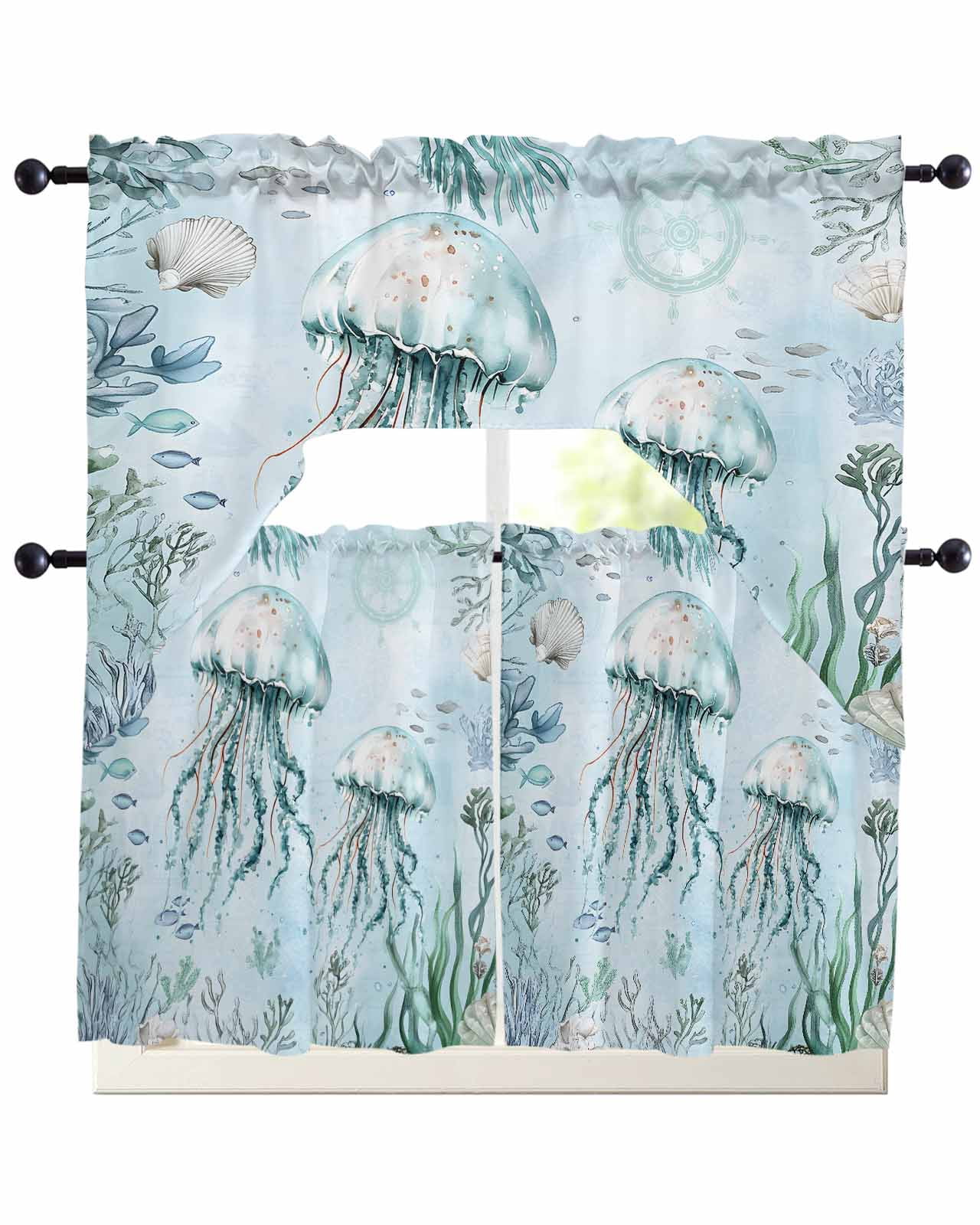 Aqua Jellyfish Kitchen Curtains Swag Valance and Tier Curtains Set 24 ...