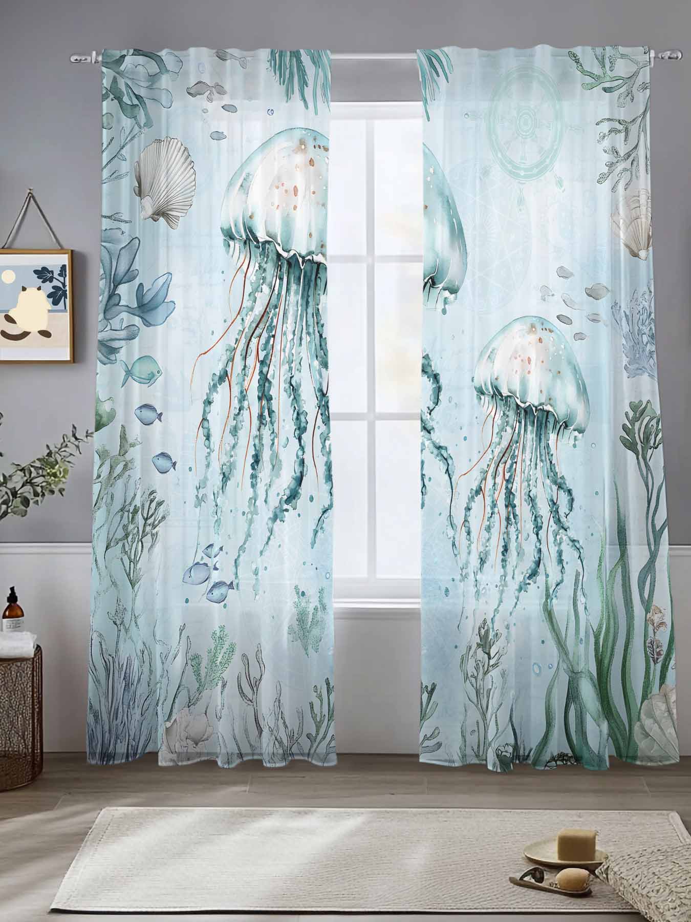Aqua Jellyfish Sheer Curtains for Living Room Bedroom Coastal Nautical ...