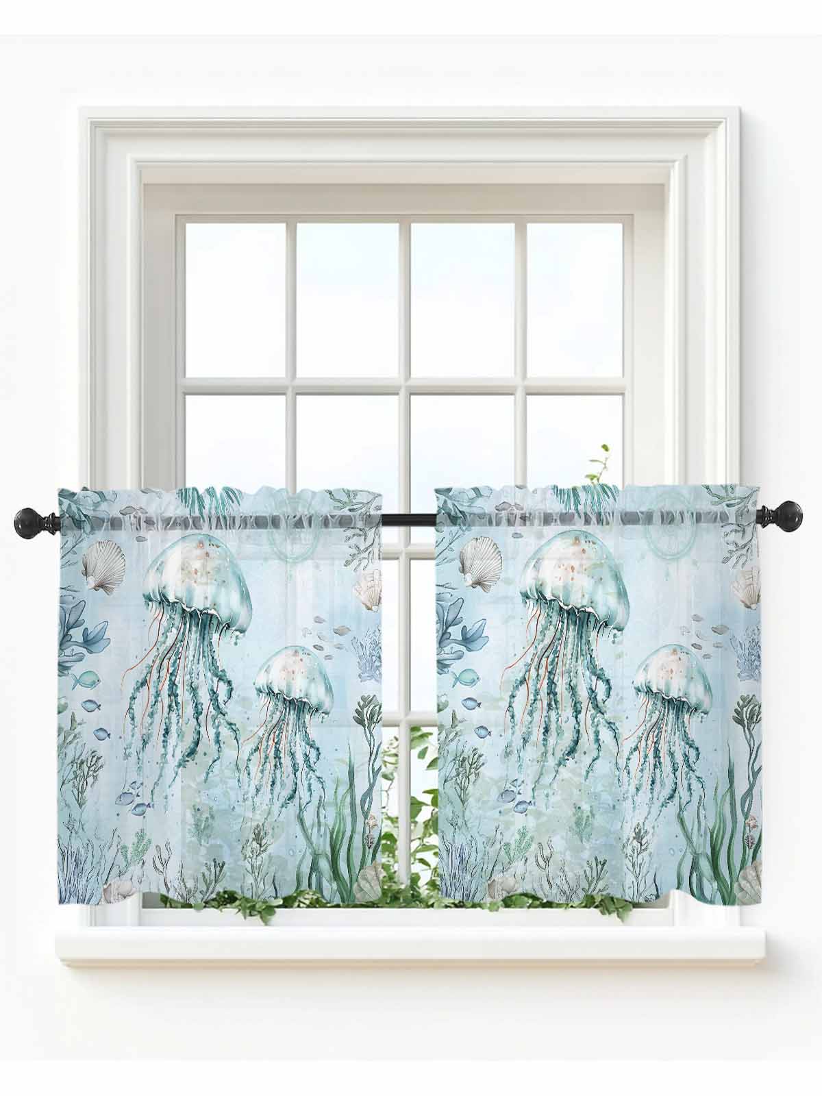 Aqua Jellyfish Tier Curtains 36 Inch Length,Sheer Curtains for Bedroom ...