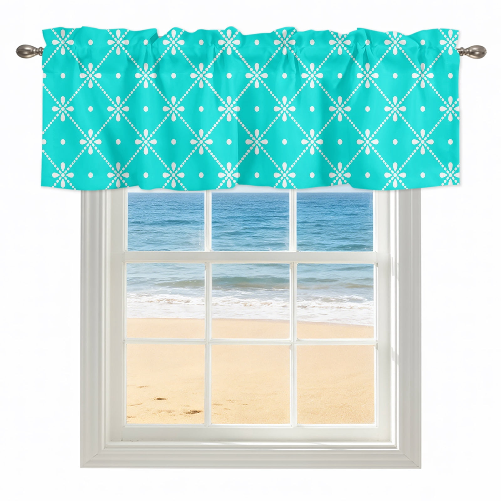 Aqua Lattice Floral Valances for Windows, Rod Pocket Kitchen Valance ...